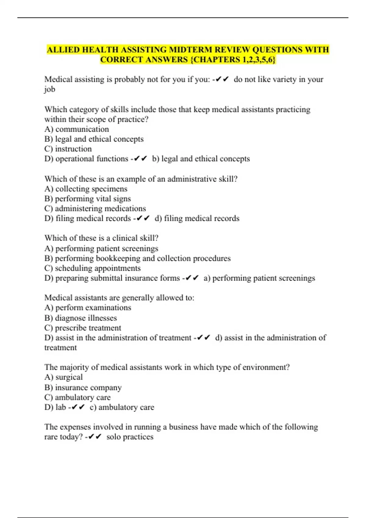 ALLIED HEALTH ASSISTING MIDTERM REVIEW QUESTIONS WITH CORRECT ANSWERS ...
