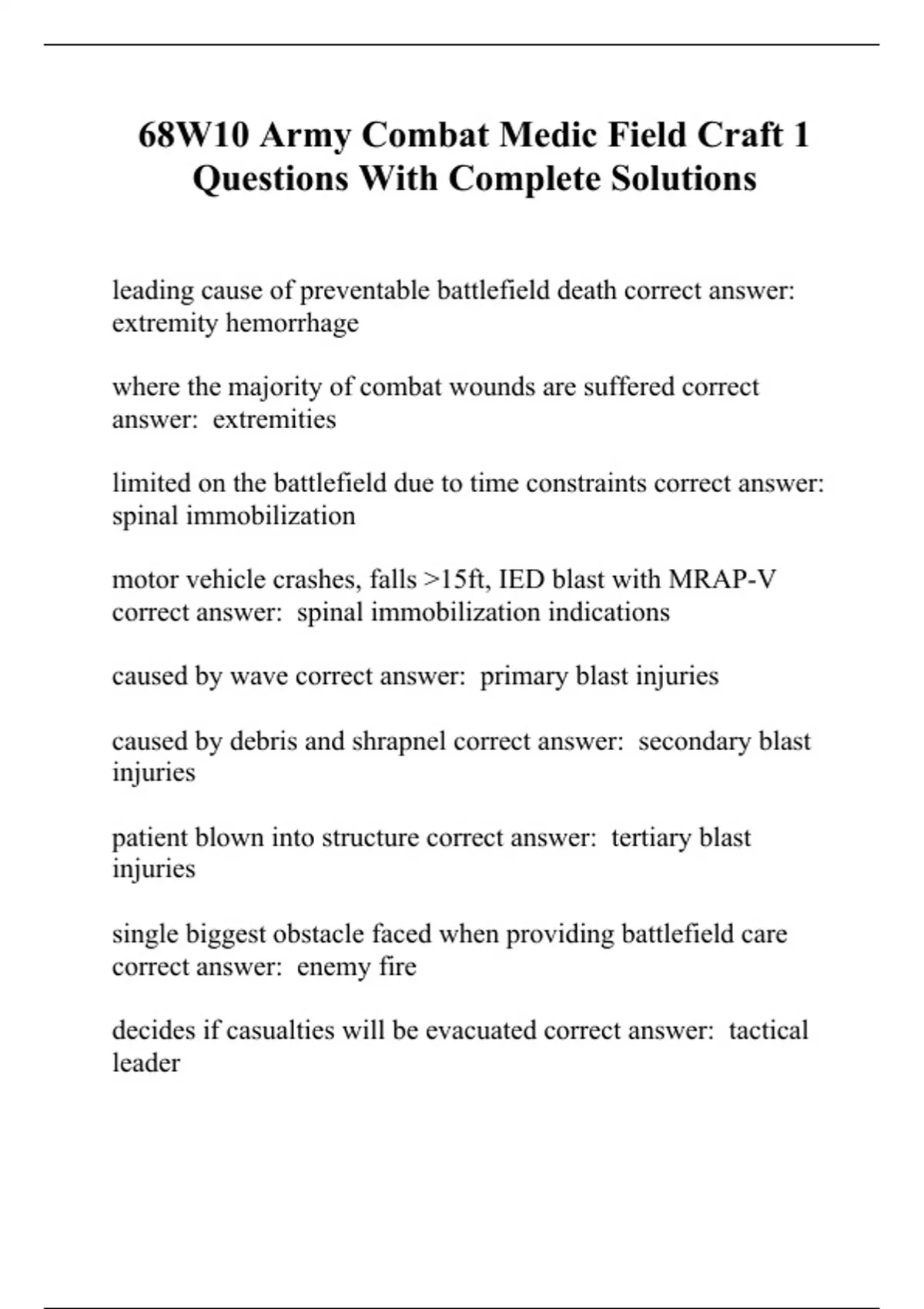 68W10 Army Combat Medic Field Craft 1 Questions With Complete Solutions ...