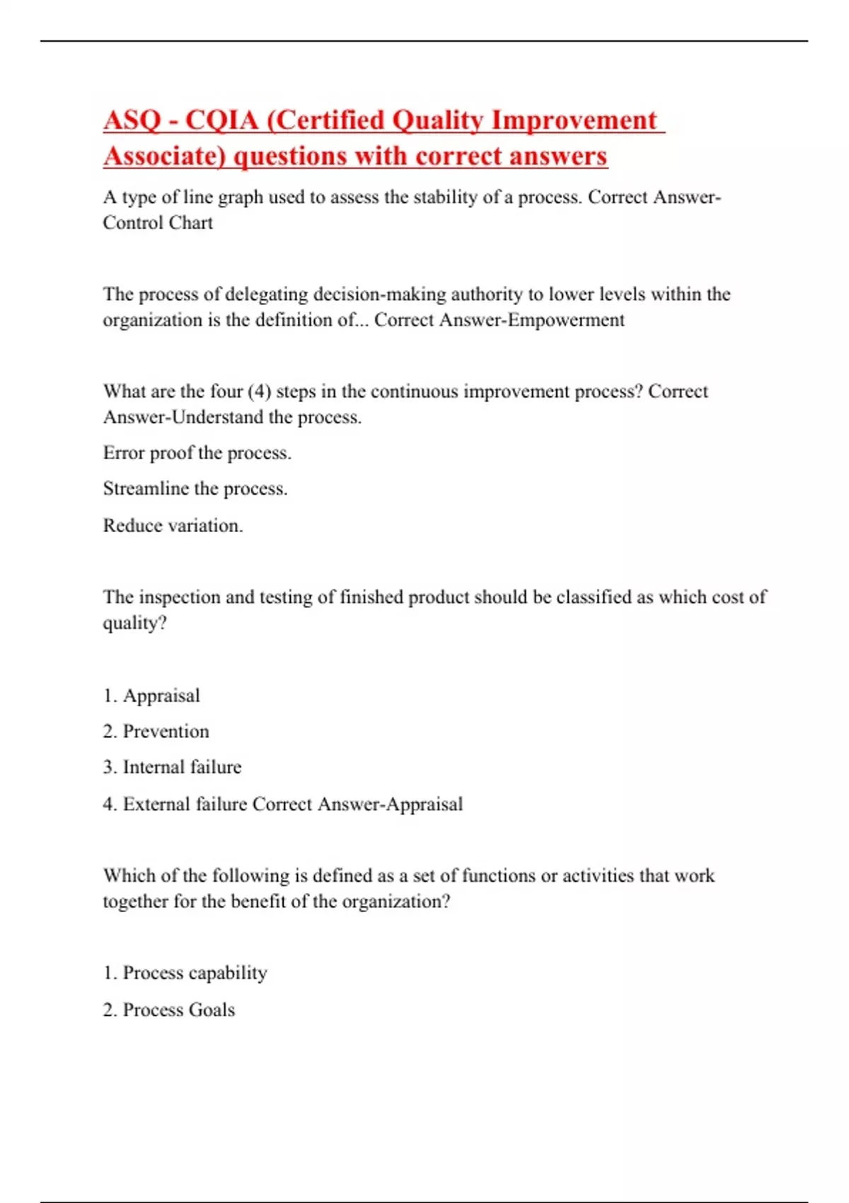 ASQ - CQIA (Certified Quality Improvement Associate) questions with correct answers - ASQ CQT ...