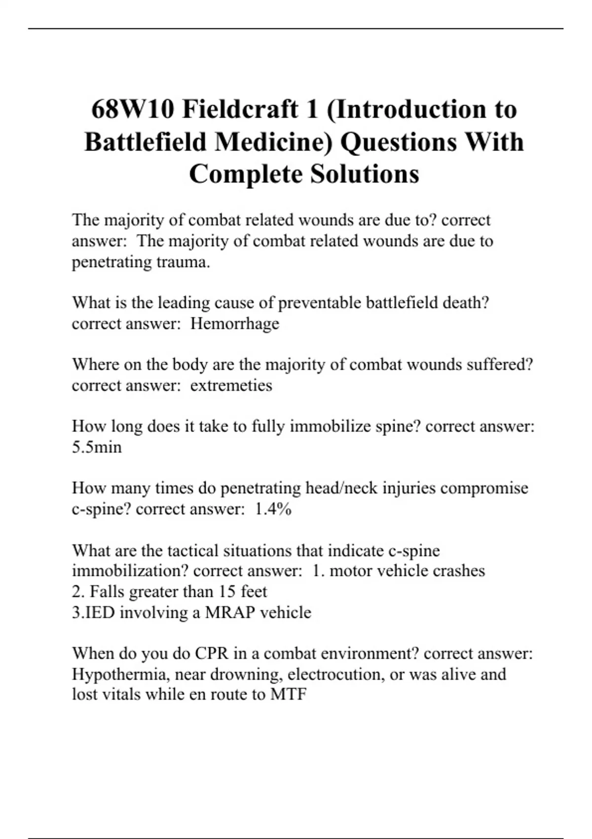 68W10 Fieldcraft 1 (Introduction to Battlefield Medicine) Questions ...