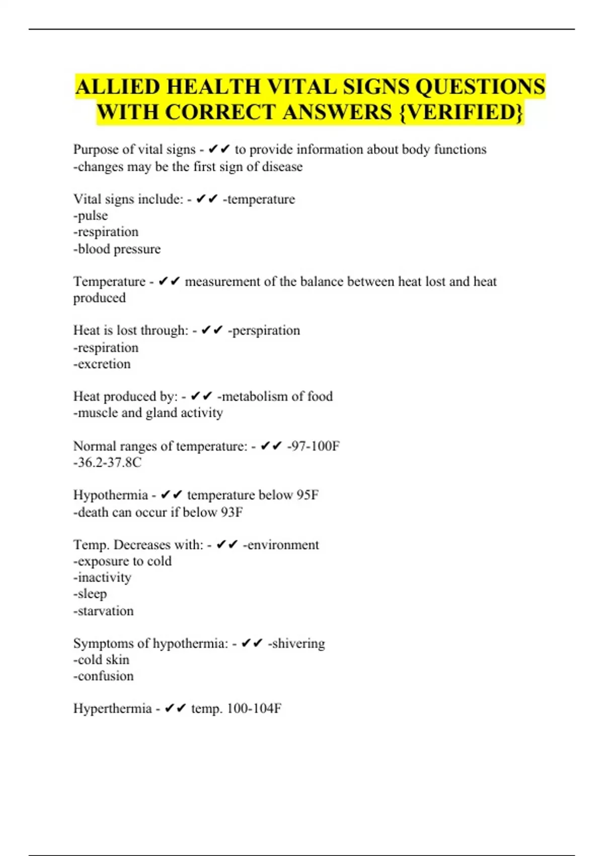 ALLIED HEALTH VITAL SIGNS QUESTIONS WITH CORRECT ANSWERS {VERIFIED ...