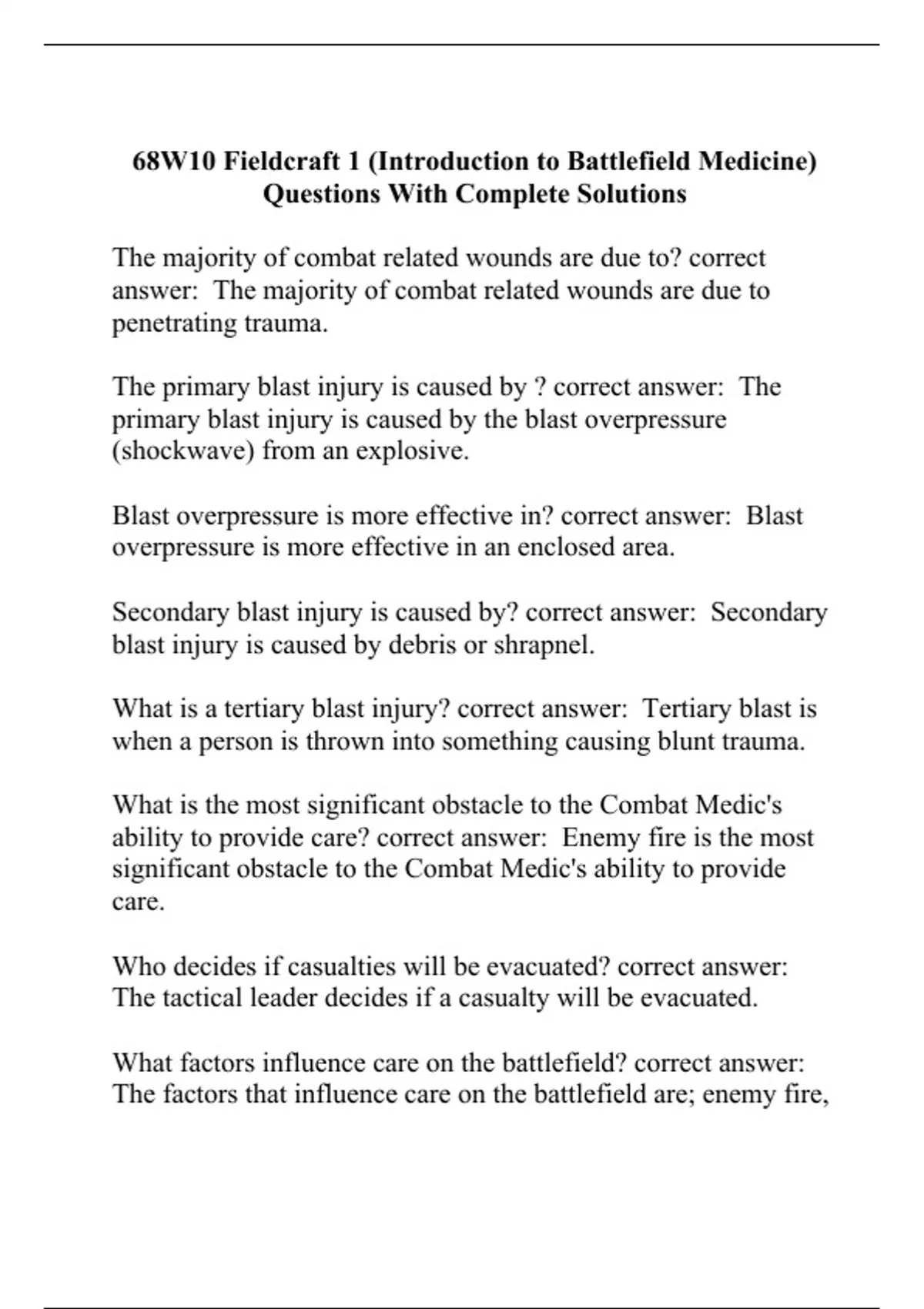 68W10 Fieldcraft 1 (Introduction to Battlefield Medicine) Questions ...