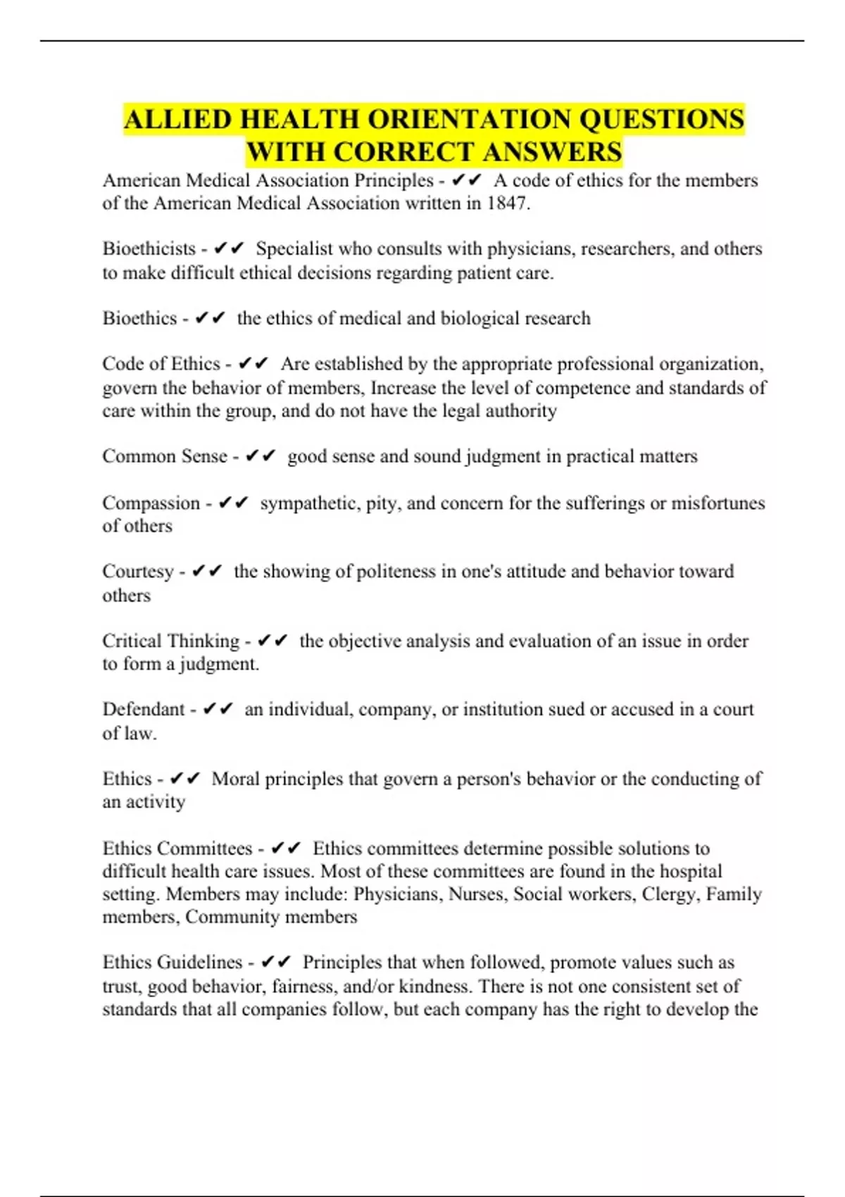 ALLIED HEALTH ORIENTATION QUESTIONS WITH CORRECT ANSWERS - AMERICAN ...