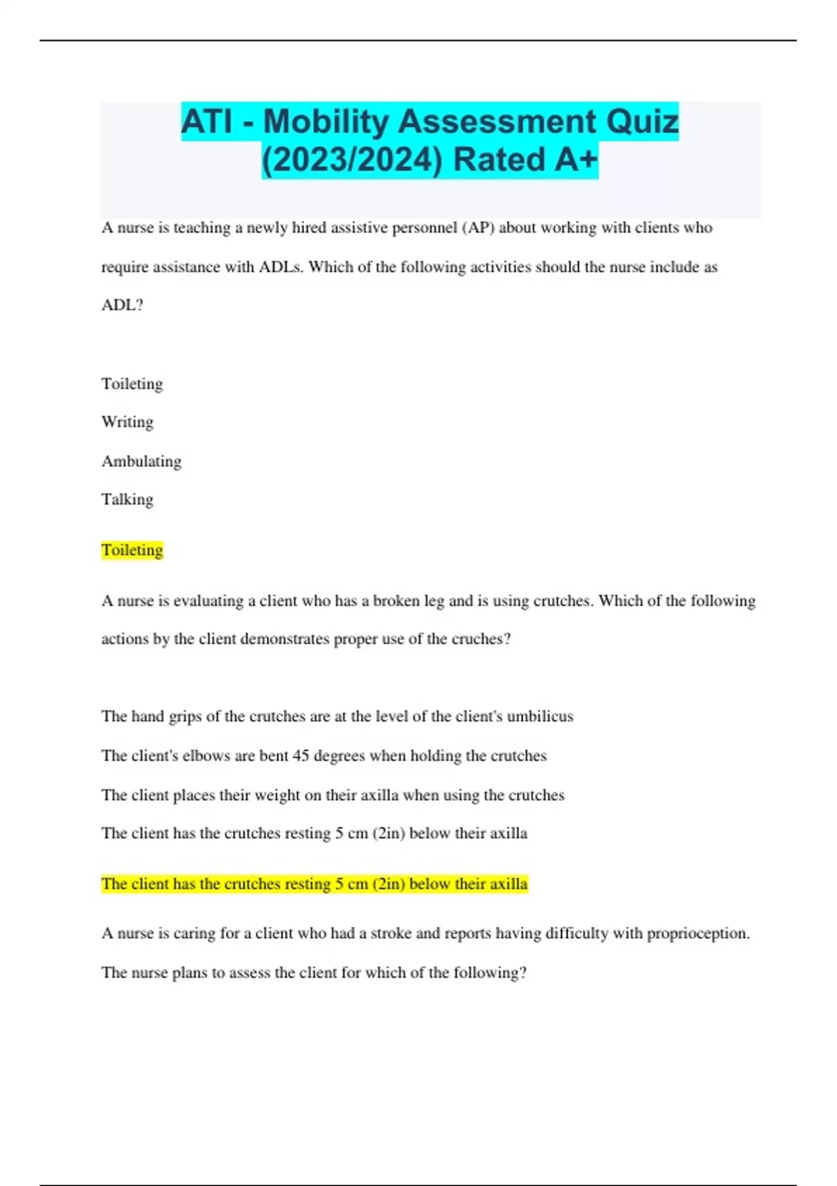 ATI - Mobility Assessment Quiz (2023/2024) Rated A+ - ATI - Mobility ...
