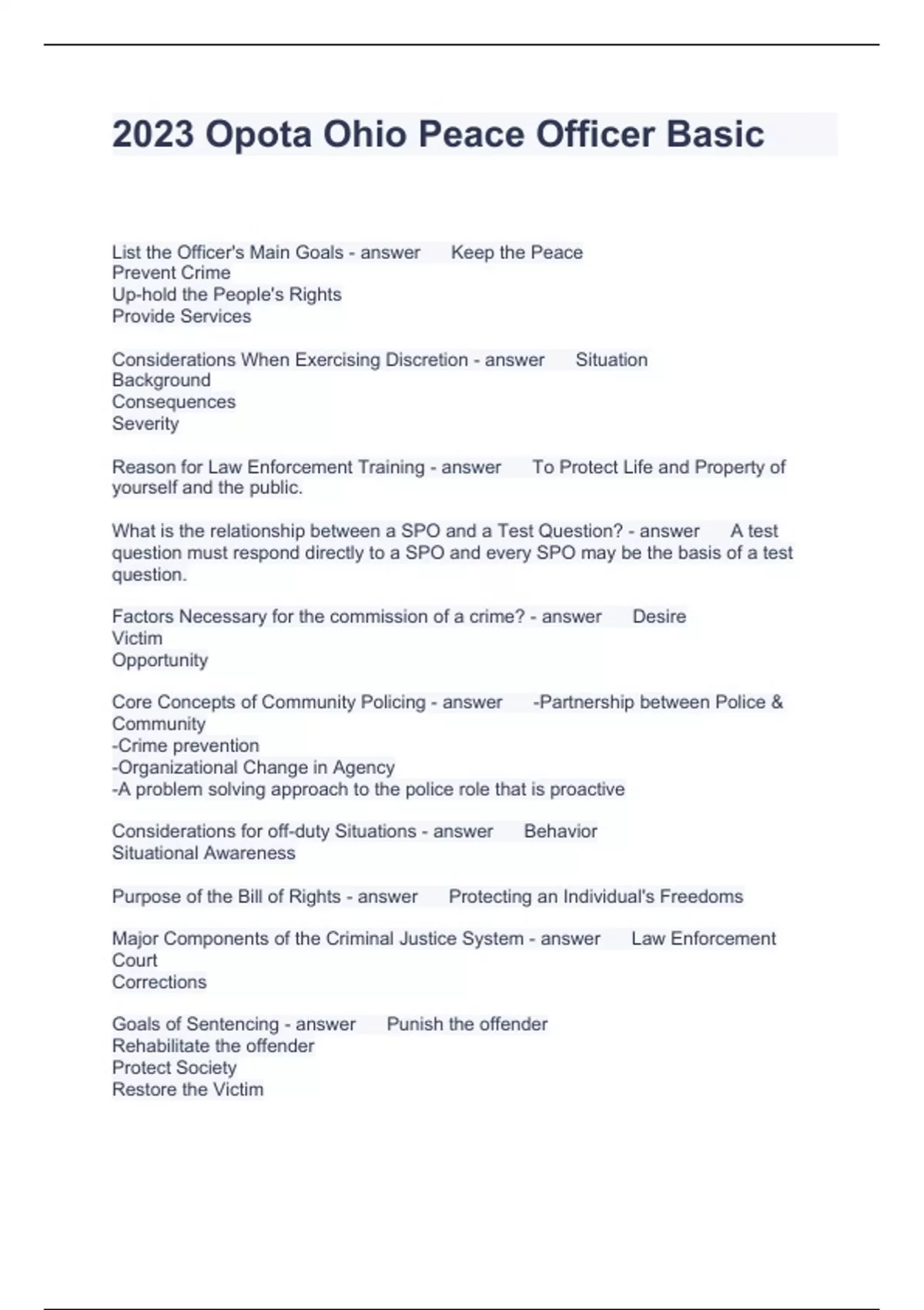 2023 Opota Ohio Peace Officer Basic Questions with correct Answers 2023 ...