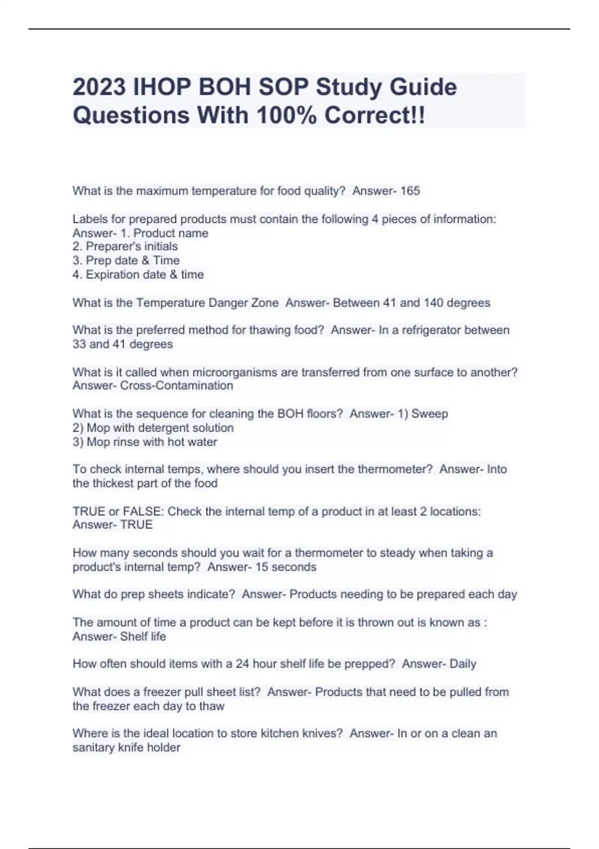 2023 IHOP BOH SOP Study Guide Questions With 100% Correct!! - IHOP BOH ...