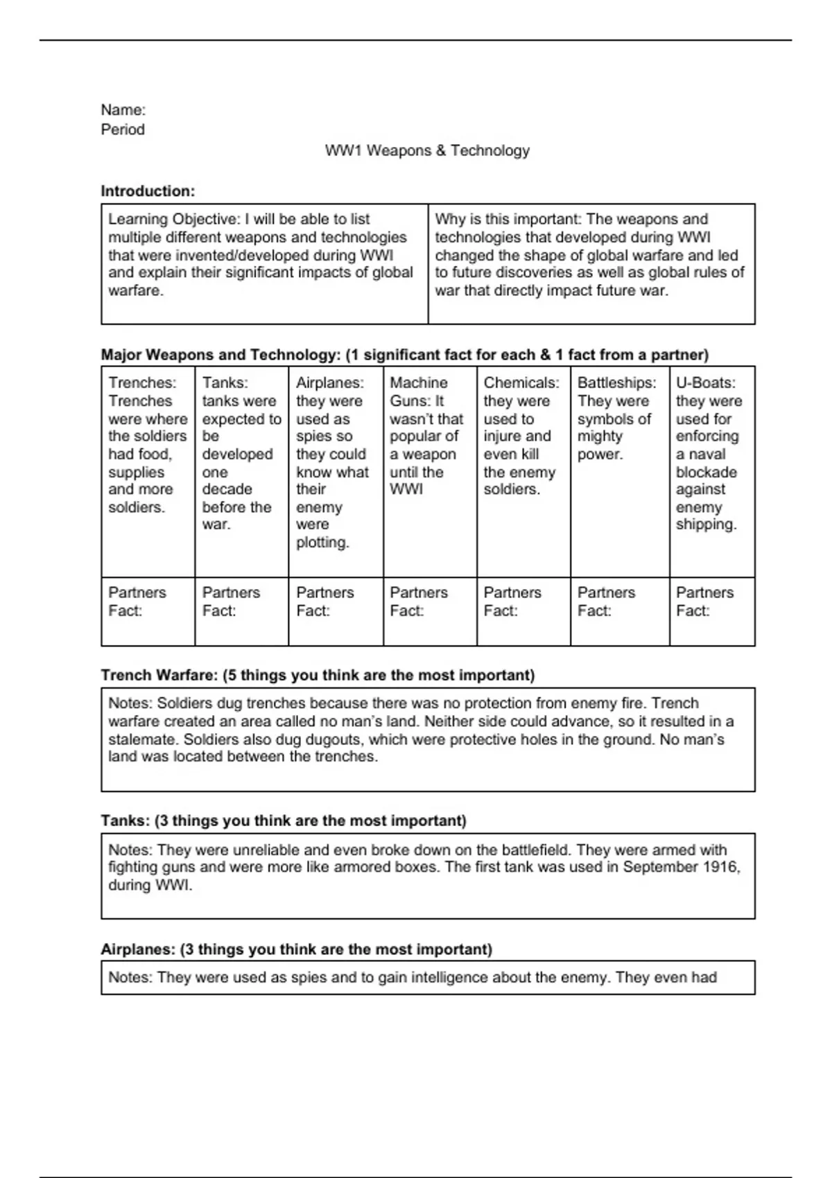 WWI class notes on technology and weapons - US history - Stuvia US