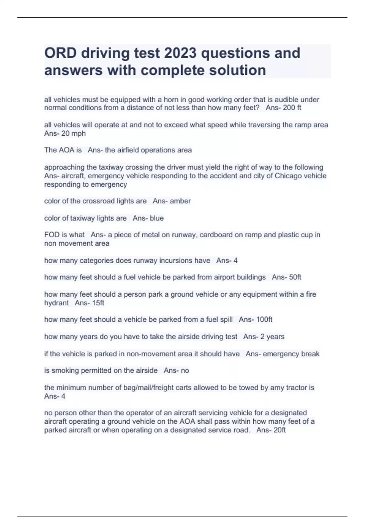 ORD driving test 2023 questions and answers with complete solution ...