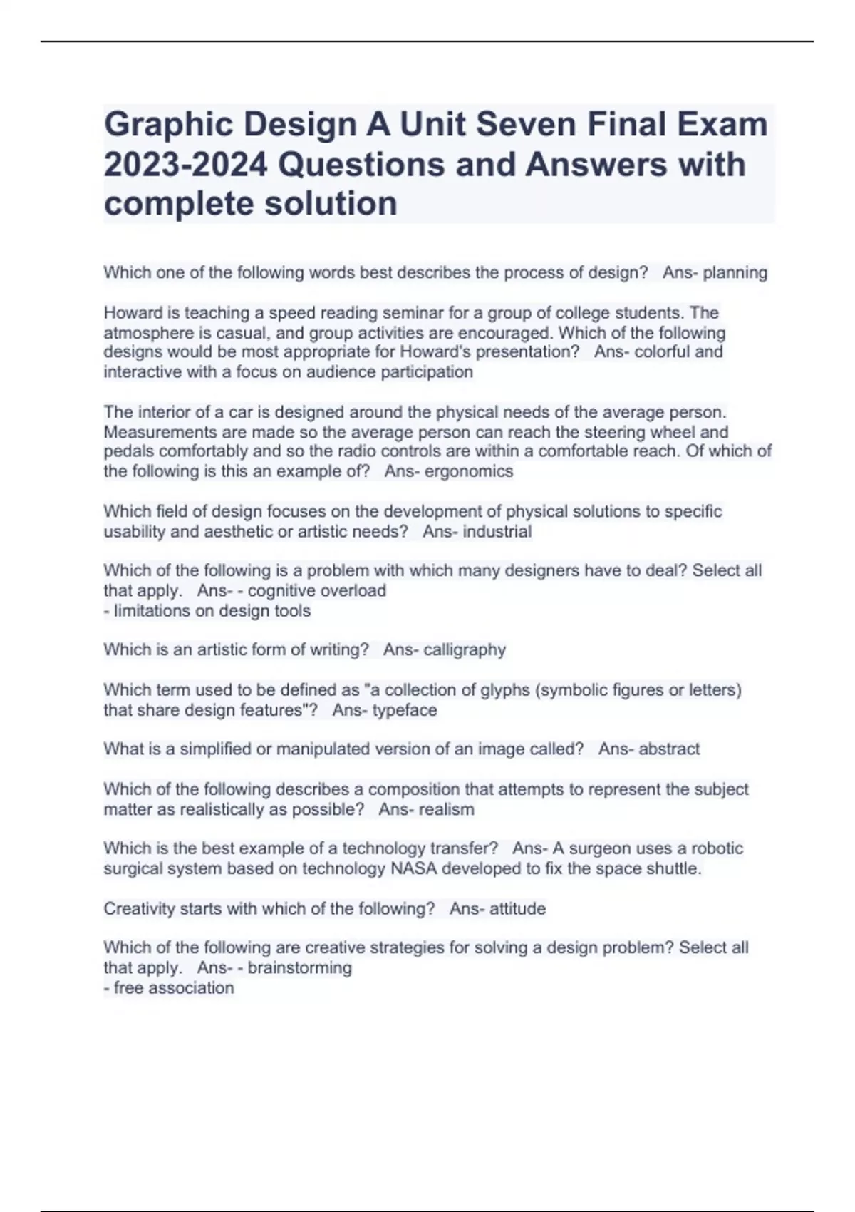 Graphic Design A Unit Seven Final Exam Questions and Answers with complete solution - Graphic ...