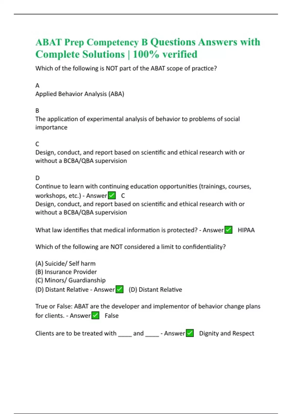 ABAT Prep Competency B Questions Answers with Complete Solutions | 100% ...