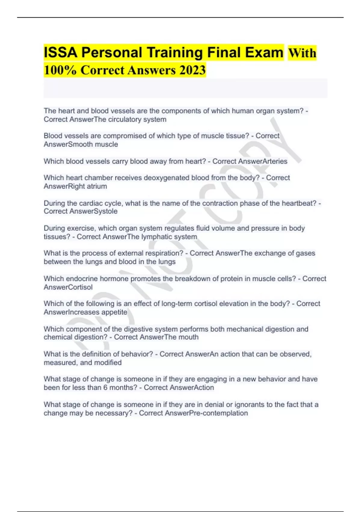 ISSA Personal Training Final Exam With 100% Correct Answers 2023 - Issa personal trainer - Stuvia US