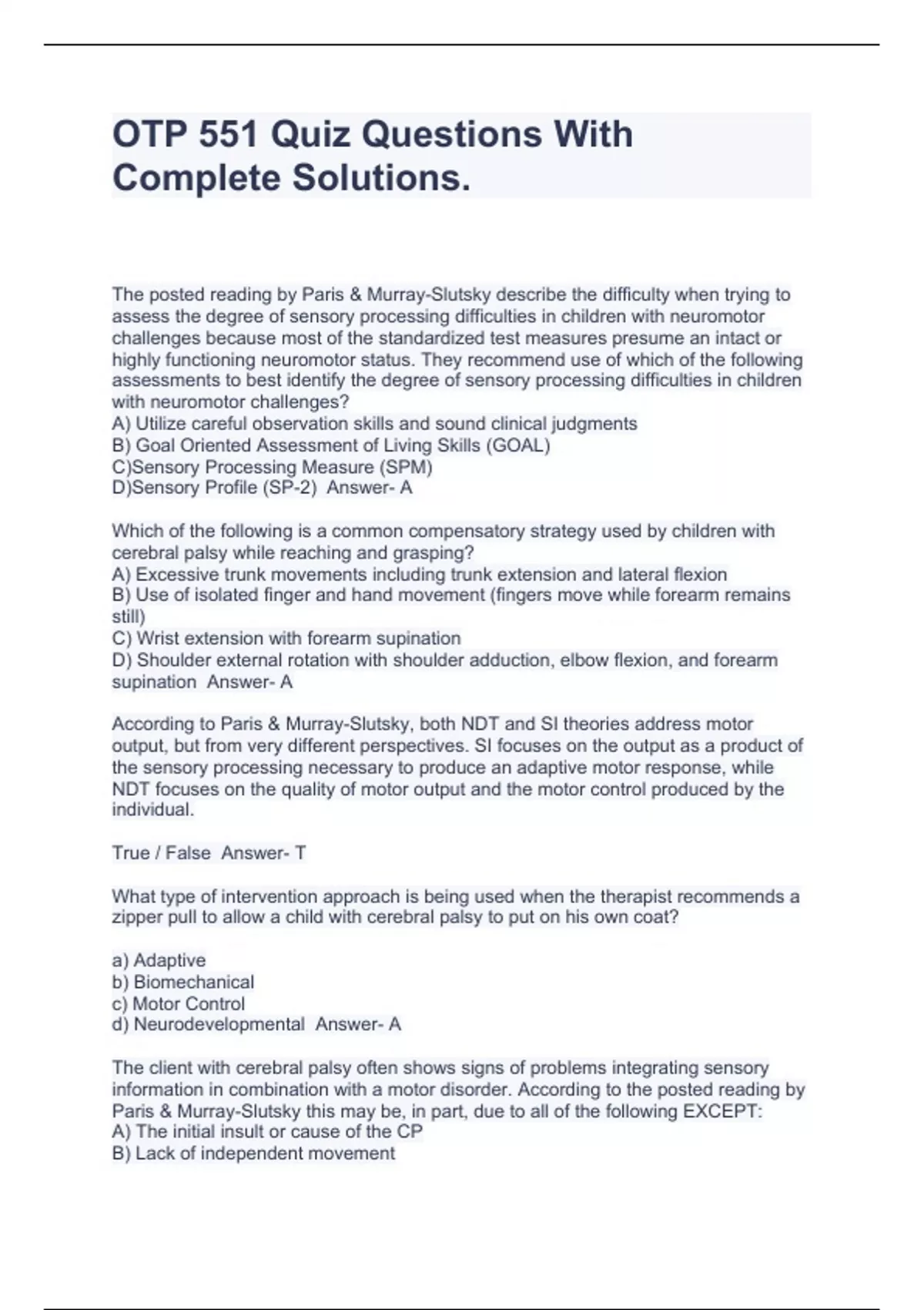 OTP 551 Quiz Questions With Complete Solutions. - OTP 551 - Stuvia US