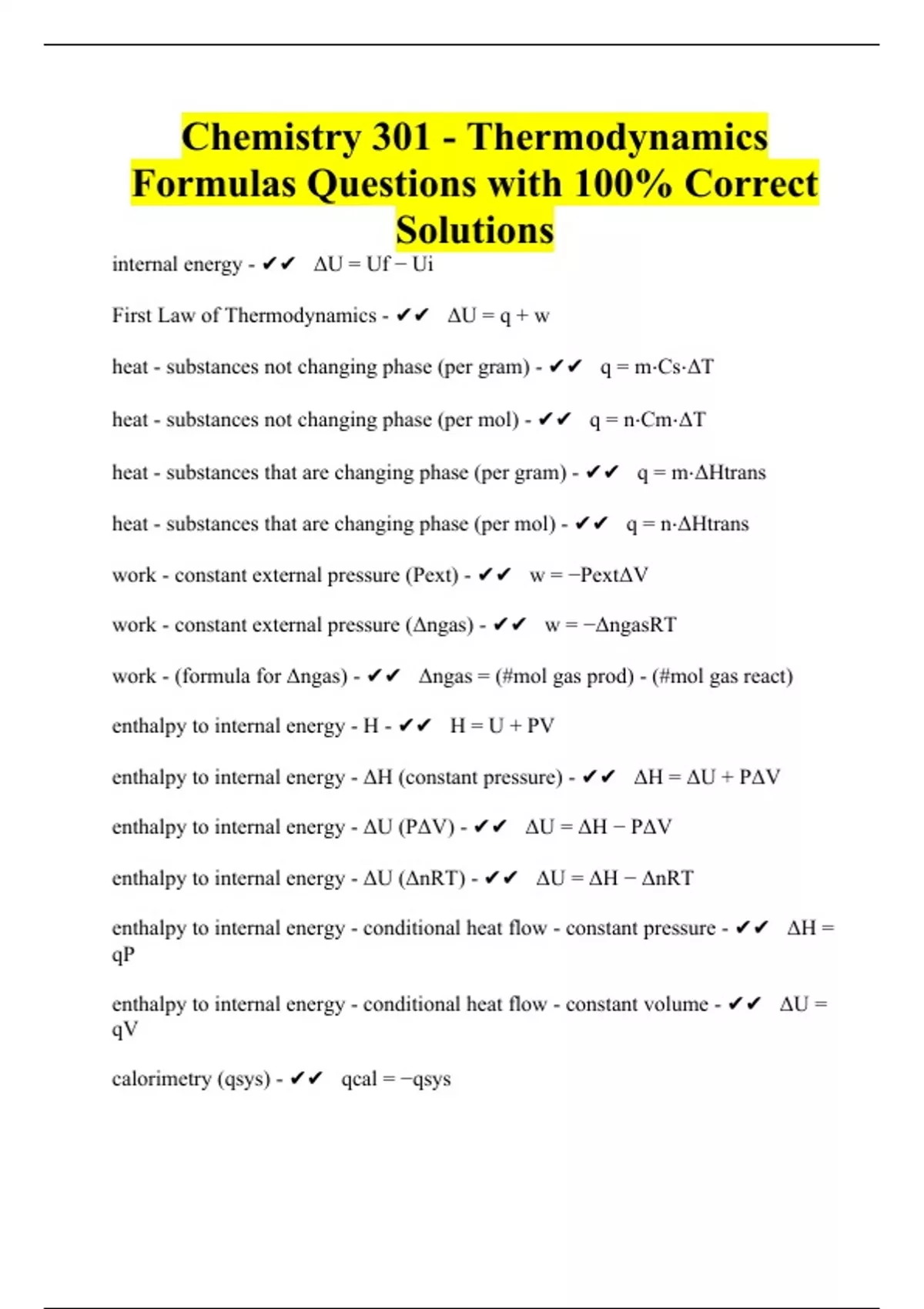 Chemistry 301 - Thermodynamics Formulas Questions with 100% Correct ...