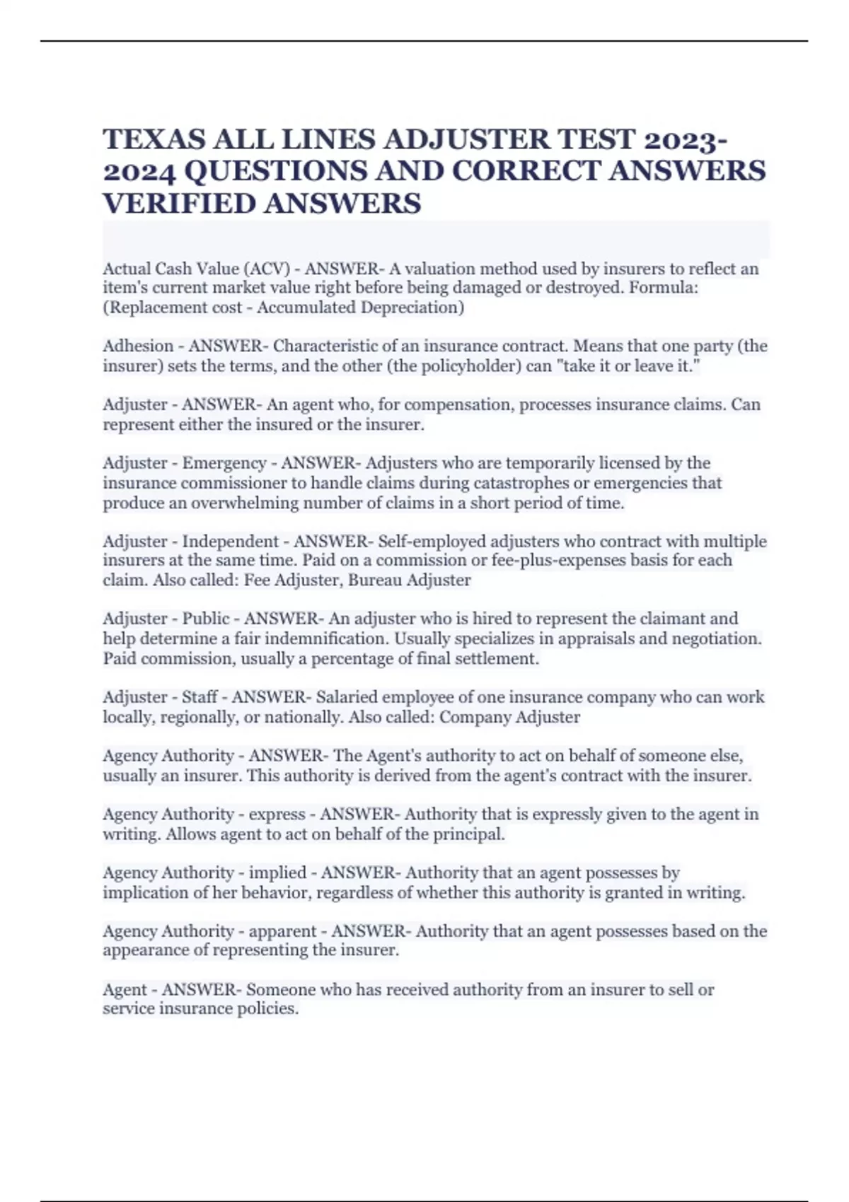 TEXAS ALL LINES ADJUSTER TEST QUESTIONS AND CORRECT ANSWERS VERIFIED ...
