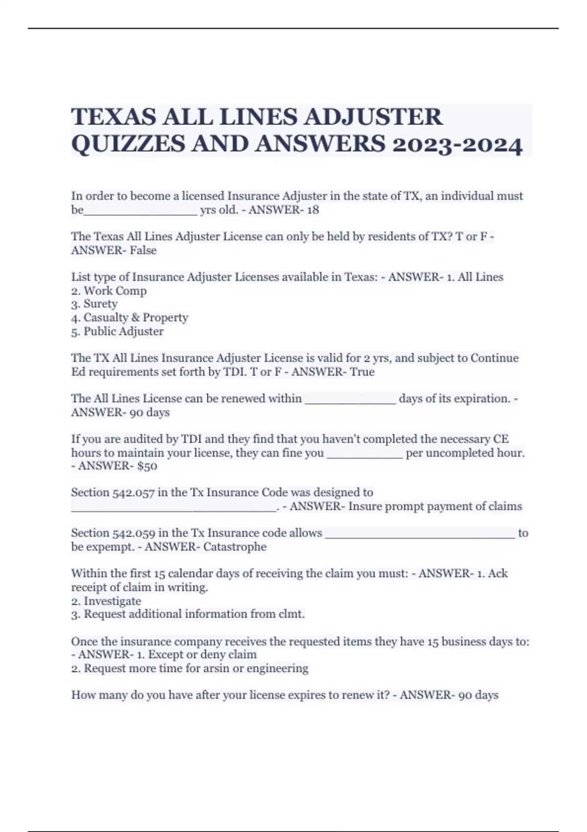 TEXAS ALL LINES ADJUSTER QUIZZES AND ANSWERS - Texas all lines adjuster ...