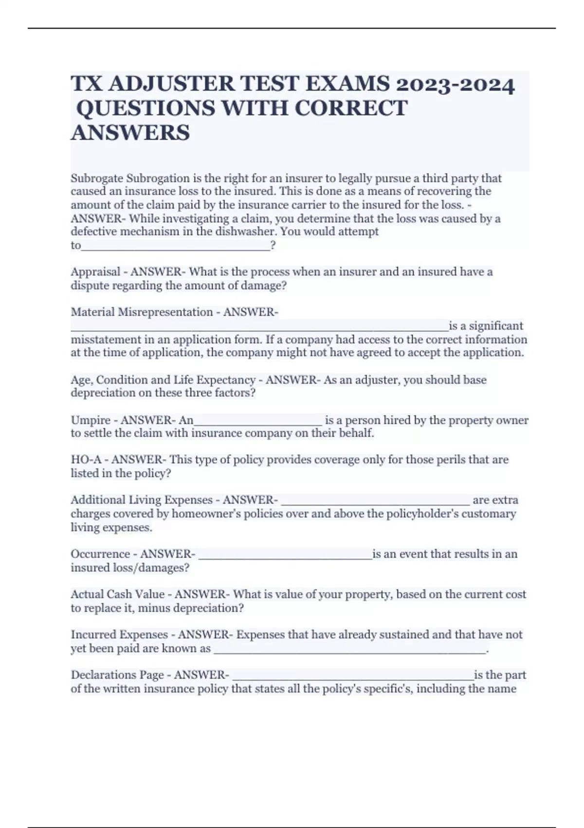 TX ADJUSTER TEST EXAMS QUESTIONS WITH CORRECT ANSWERS - Texas all lines ...