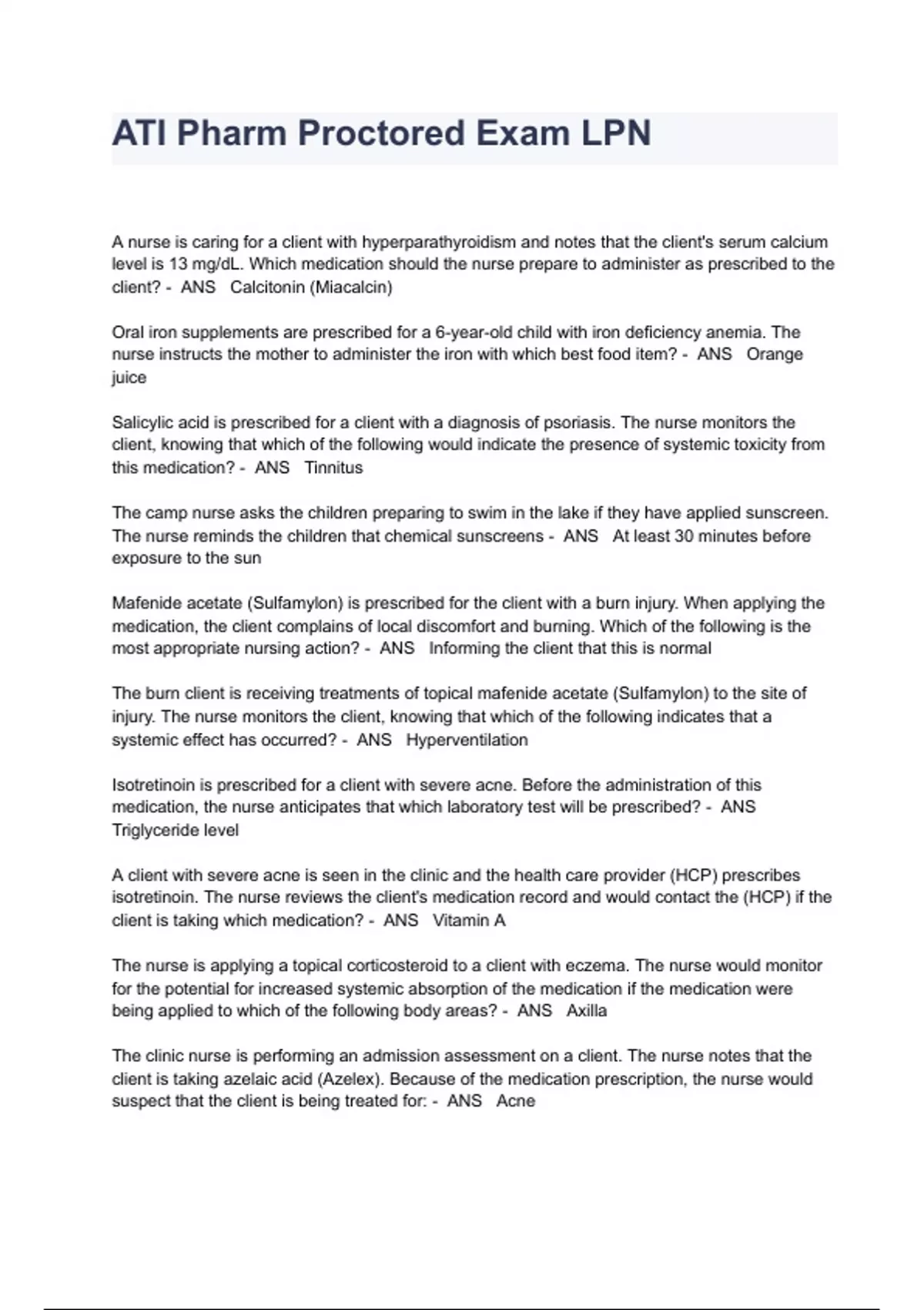 ATI Pharm Proctored Exam LPN Questions And Answers - ATI PHARMACOLOGY ...