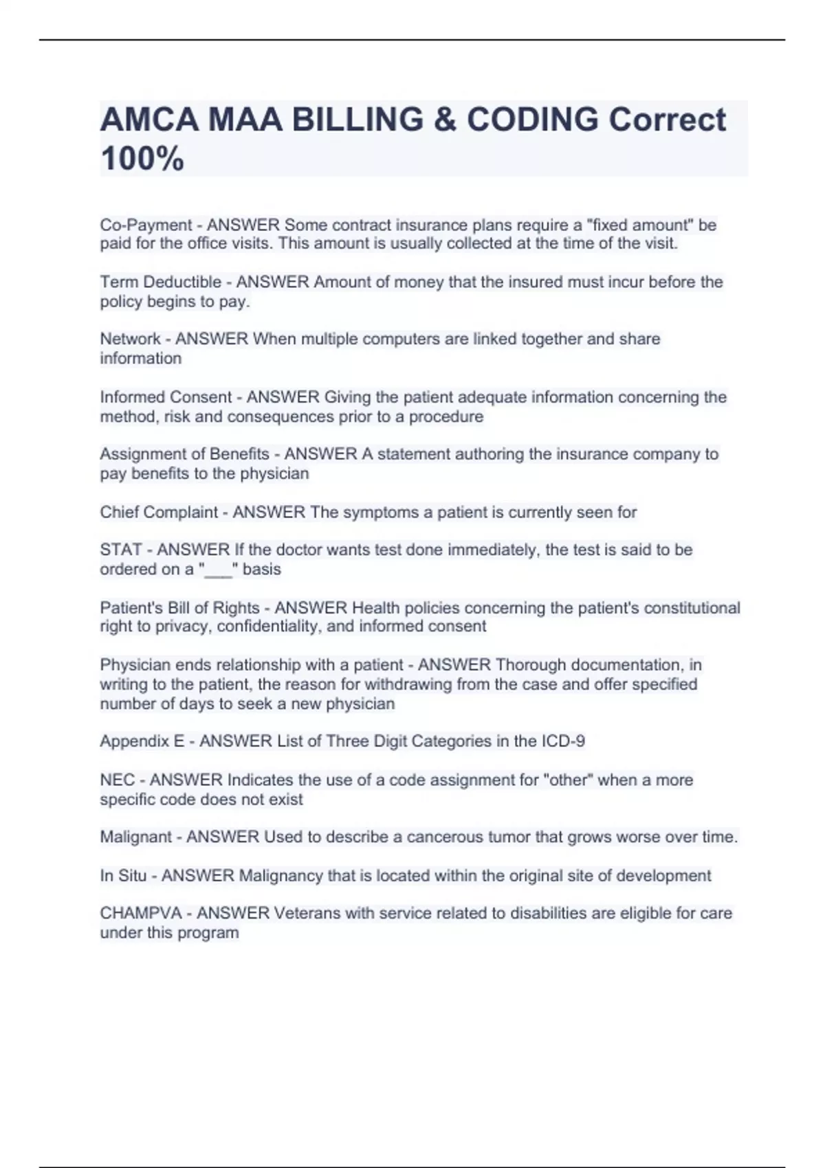 AMCA MAA BILLING & CODING Correct 100% - AMCA - Stuvia US