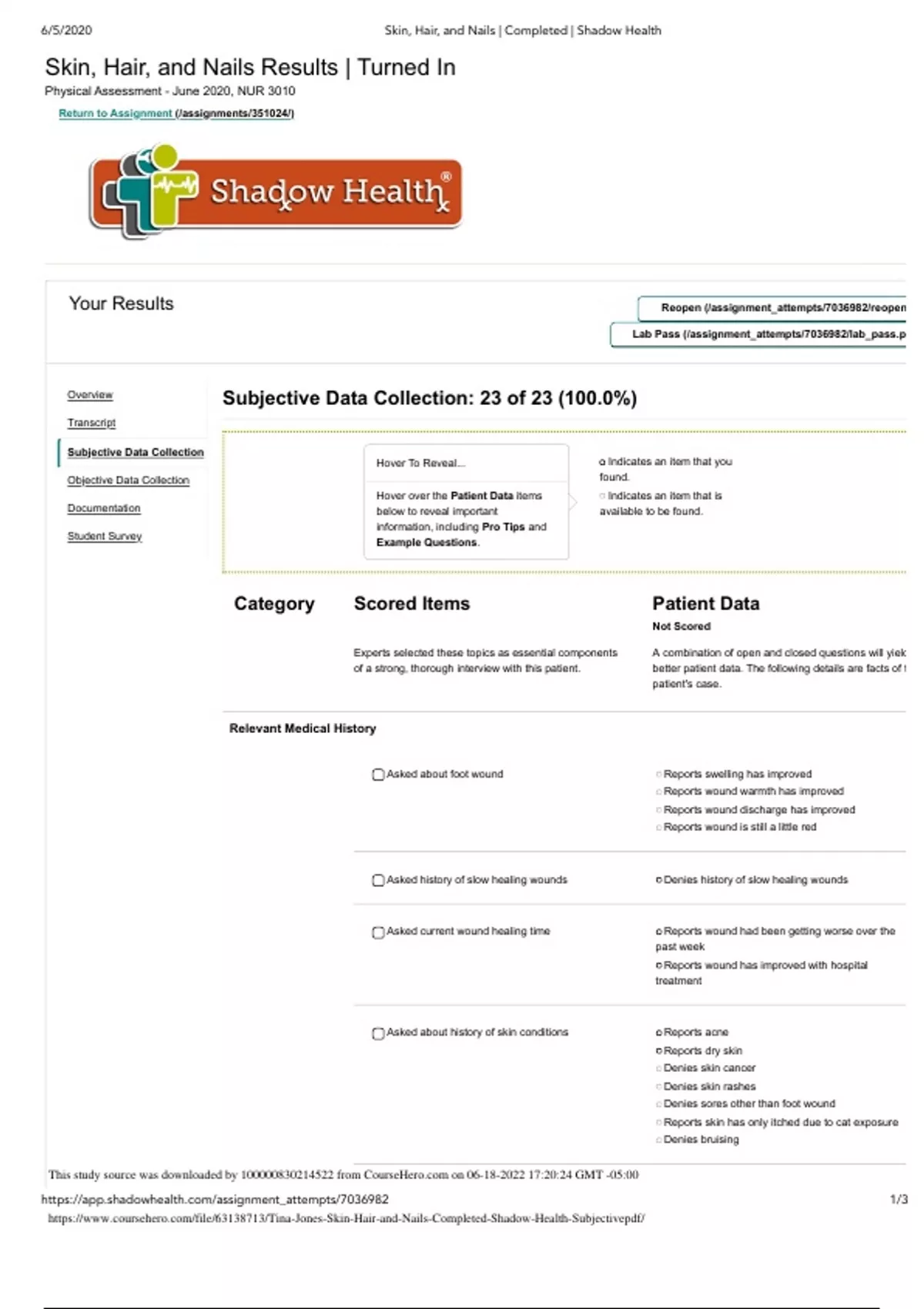 Summary Tina Jones Nursing Progress Notes skin, Hair and Nails ...