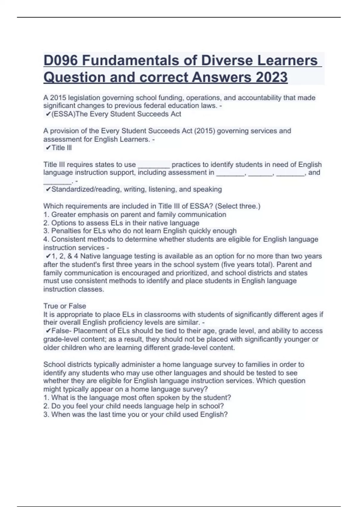 D096 Fundamentals of Diverse Learners Question and correct Answers 2023 - D096 - Stuvia US