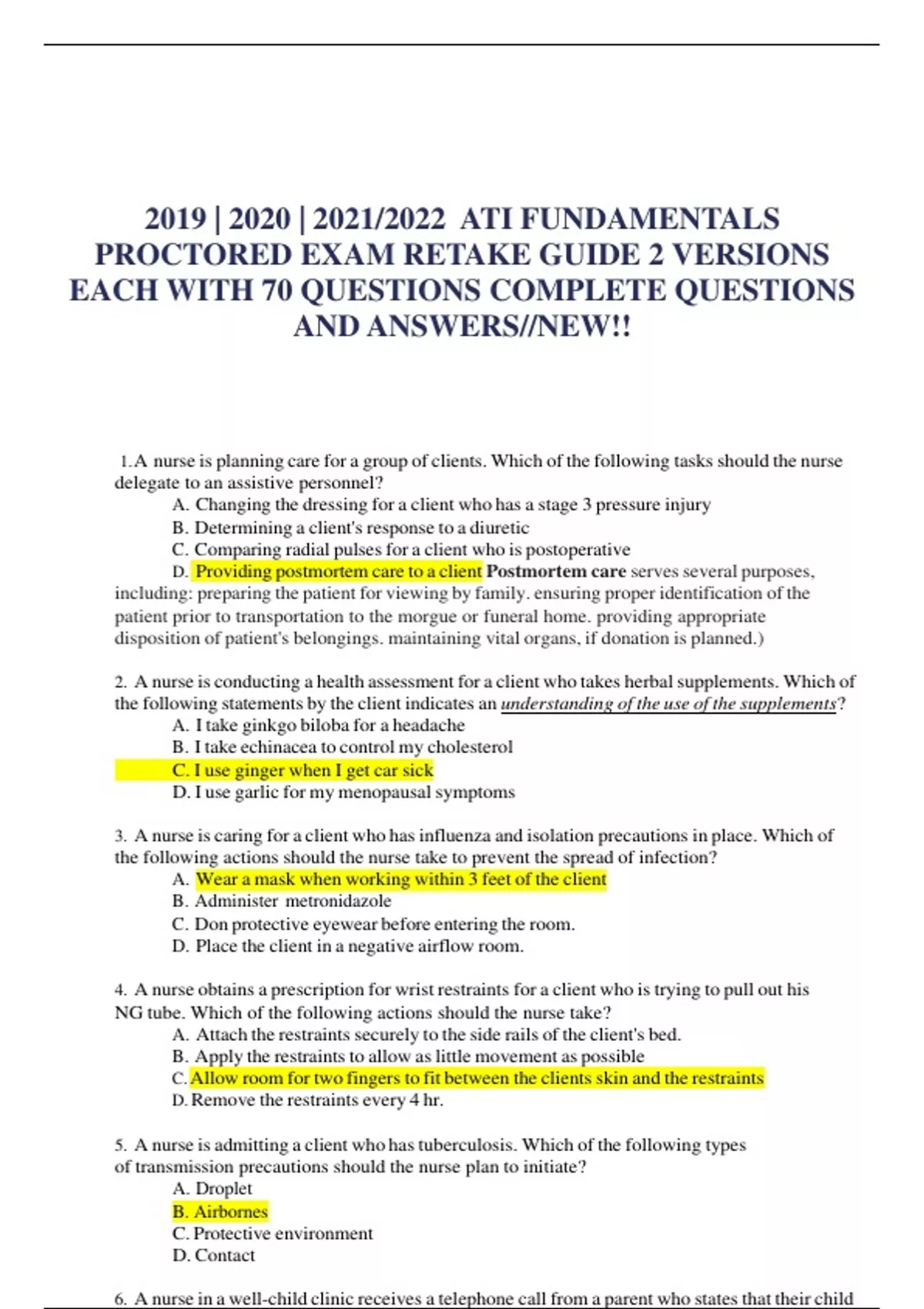 2019 | 2020 | 2021/2022 ATI FUNDAMENTALS PROCTORED EXAM RETAKE GUIDE 2 VERSIONS EACH WITH 70 ...