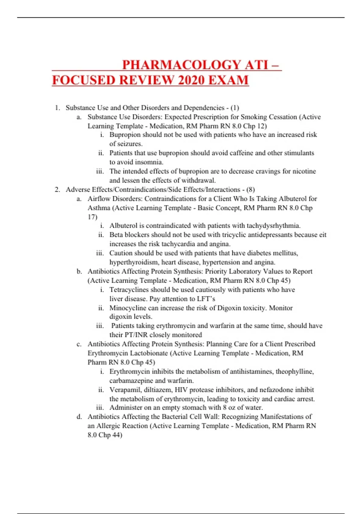 PHARMACOLOGY ATI – FOCUSED REVIEW 2020 EXAM - Nursing pharmacology ...