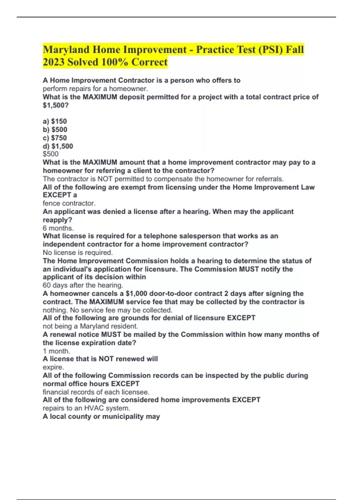 Maryland Home Improvement - Practice Test (PSI) Fall 2023 Solved 100% ...