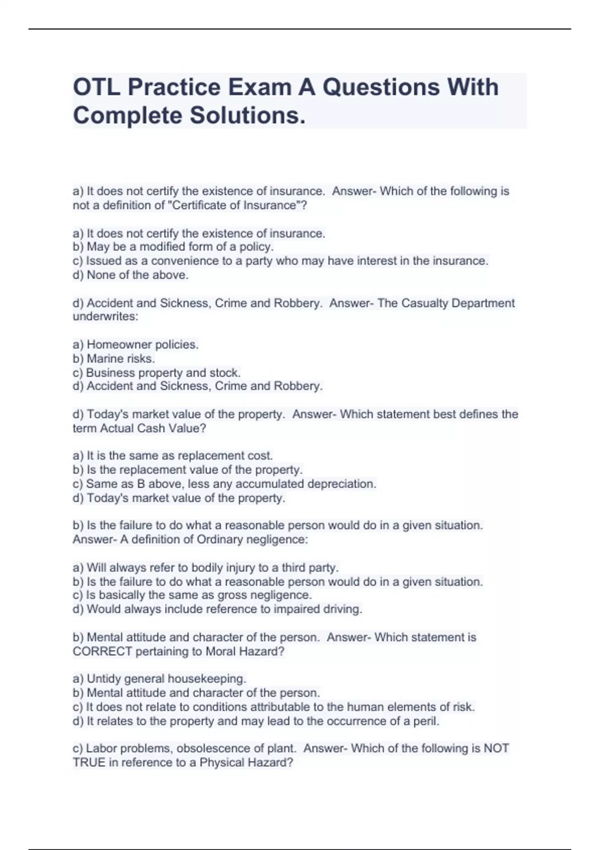 OTL Practice Exam A Questions With Complete Solutions. - OTL - Stuvia US