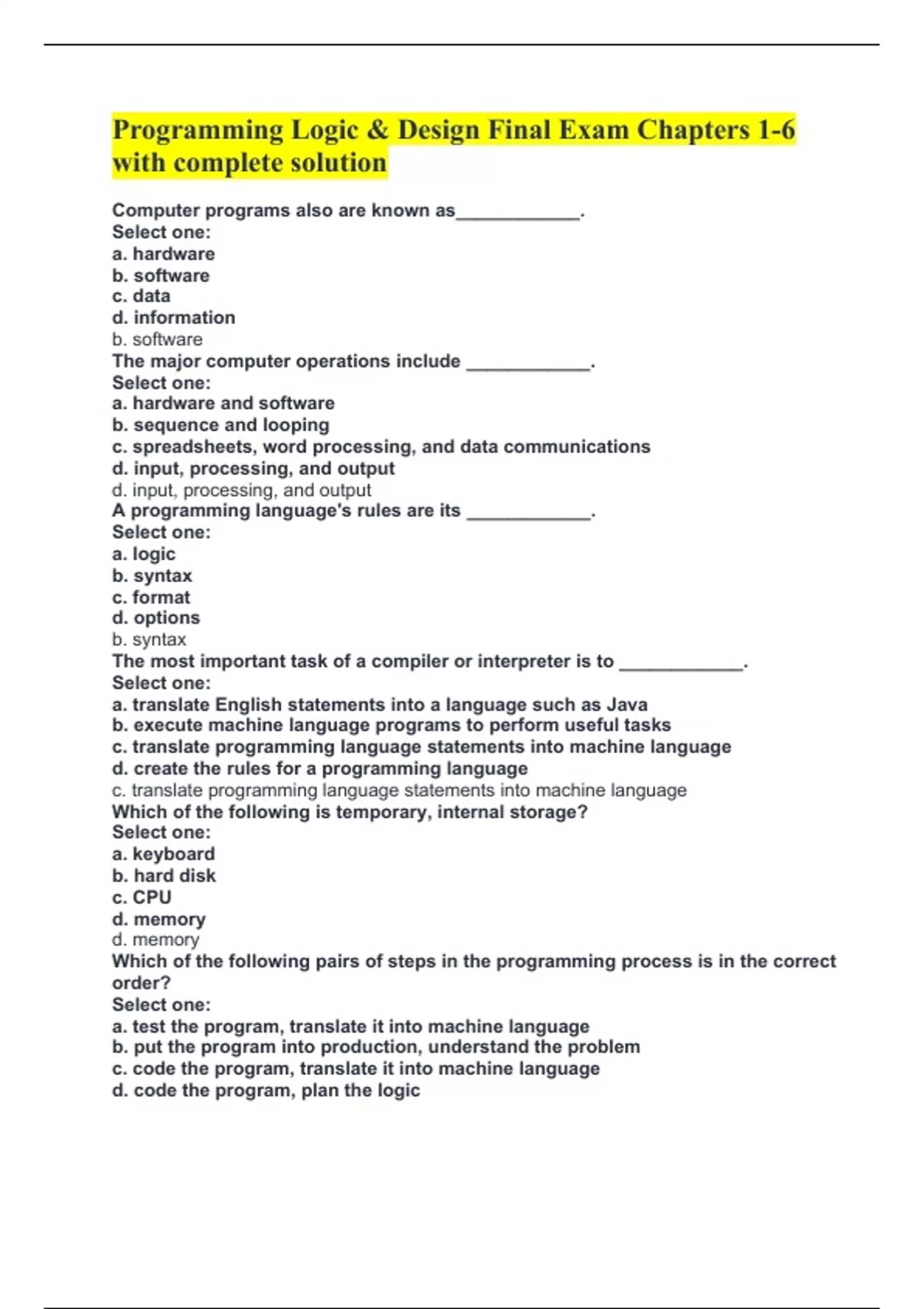 Programming Logic And Design Final Exam Chapters 1 6 With Complete Solution Programming Logic