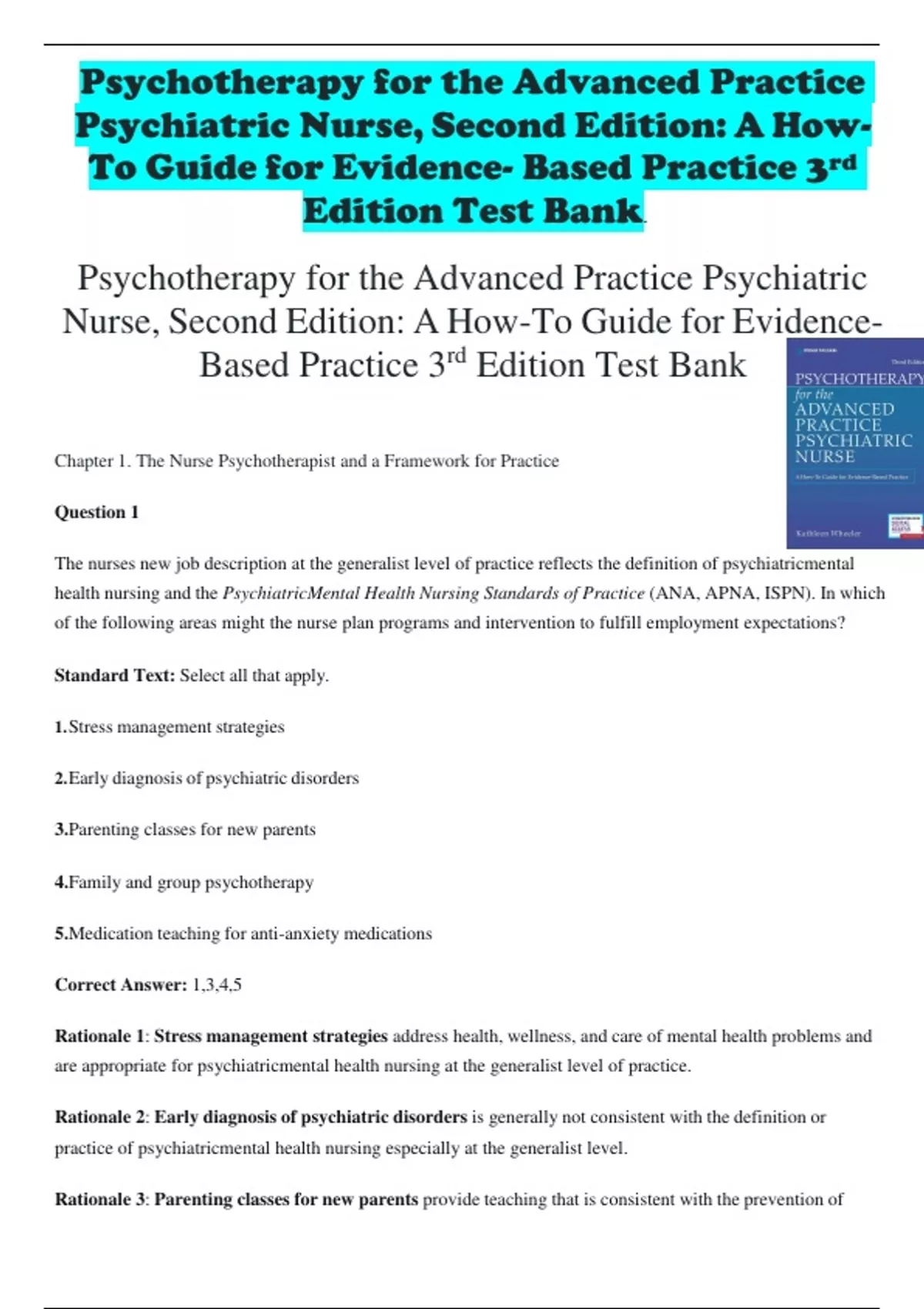 Test Bank for Psychotherapy for the Advanced Practice Psychiatric Nurse ...