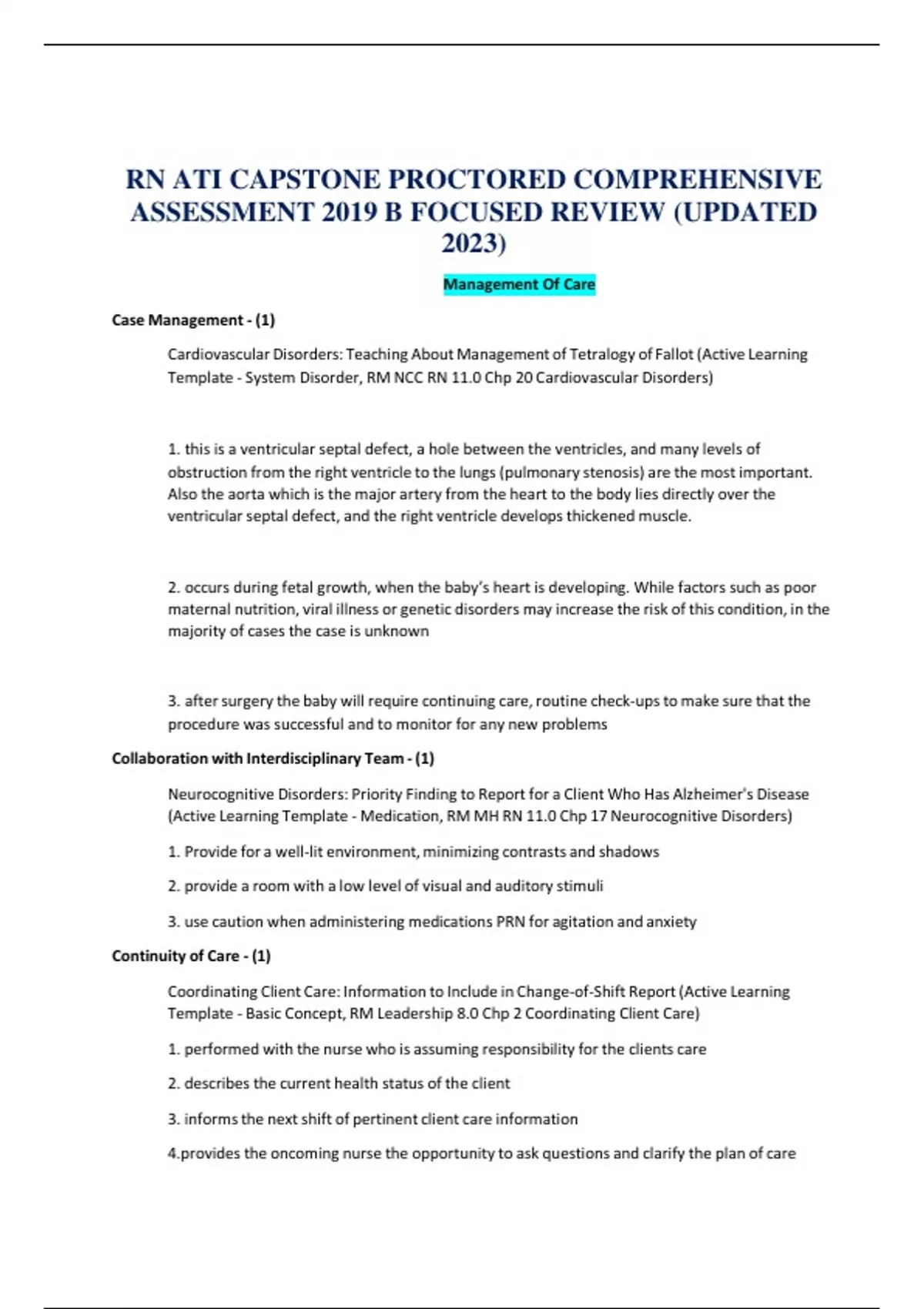 RN ATI CAPSTONE PROCTORED COMPREHENSIVE ASSESSMENT 2019 B FOCUSED ...