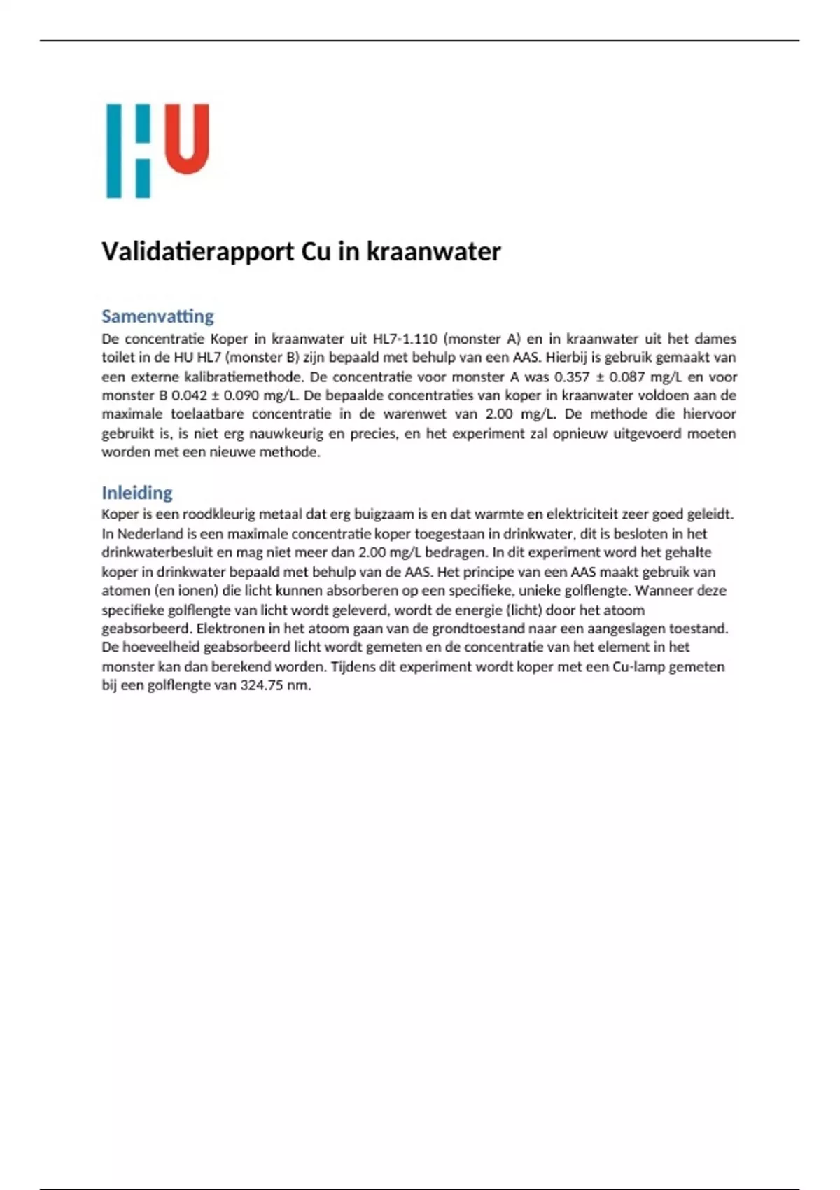Validatierapport Cu in kraanwater - Spectrometrie - Stuvia NL