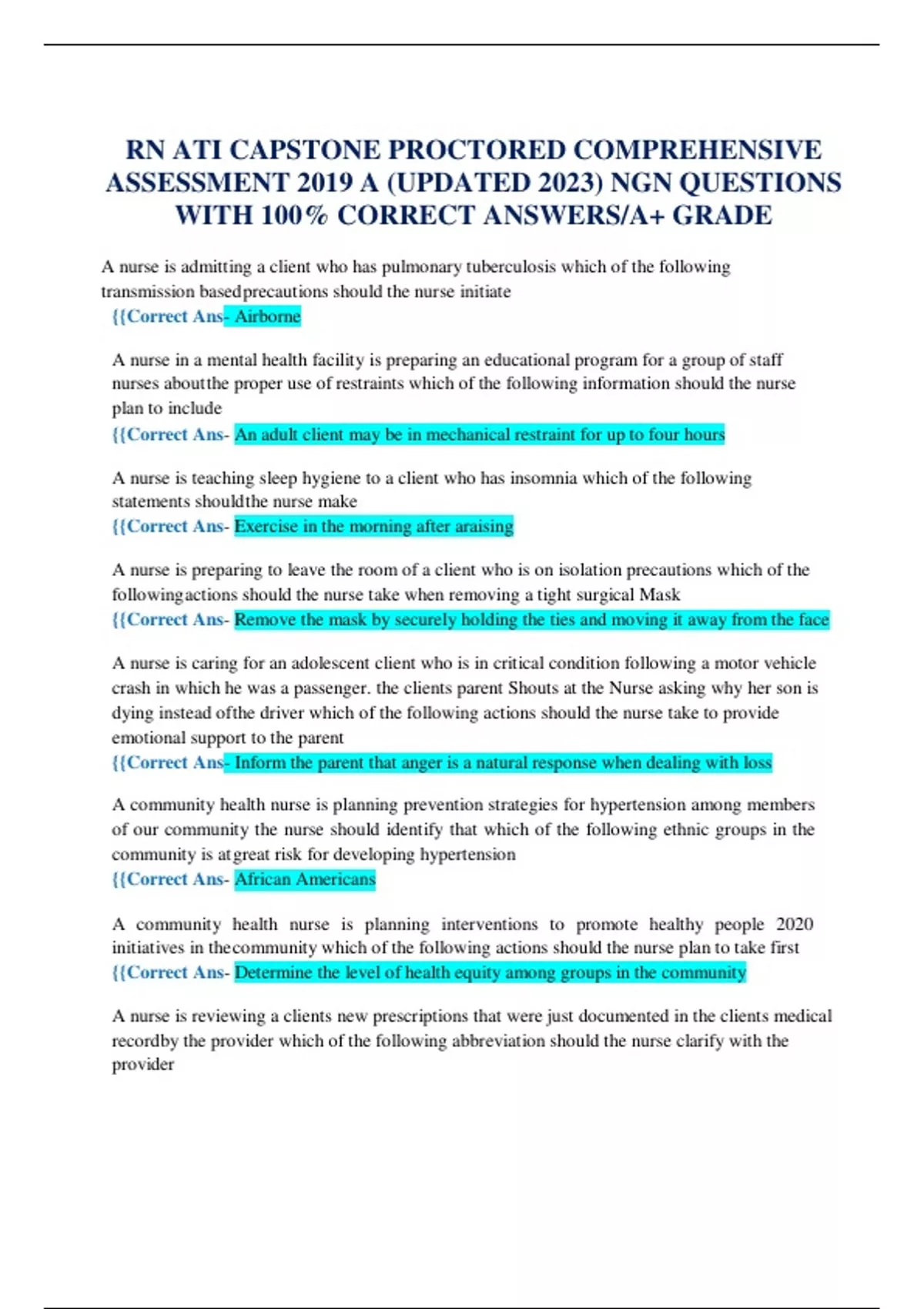 RN ATI CAPSTONE PROCTORED COMPREHENSIVE ASSESSMENT 2019 A (UPDATED 2023 ...