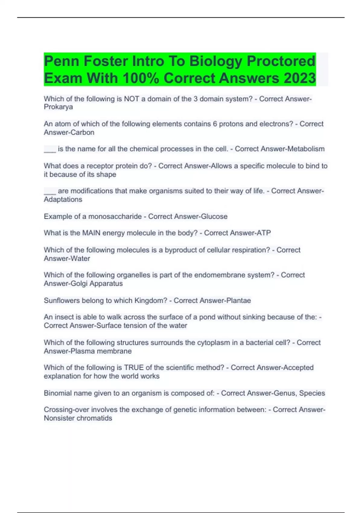 Penn Foster Intro To Biology Proctored Exam With 100% Correct Answers ...