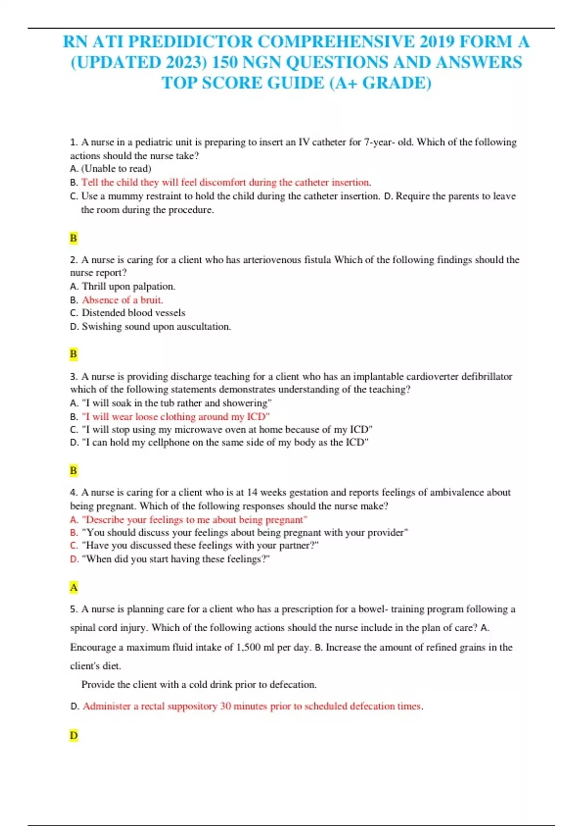 RN ATI PREDIDICTOR COMPREHENSIVE 2019 FORM A (UPDATED 2023) 150 NGN ...