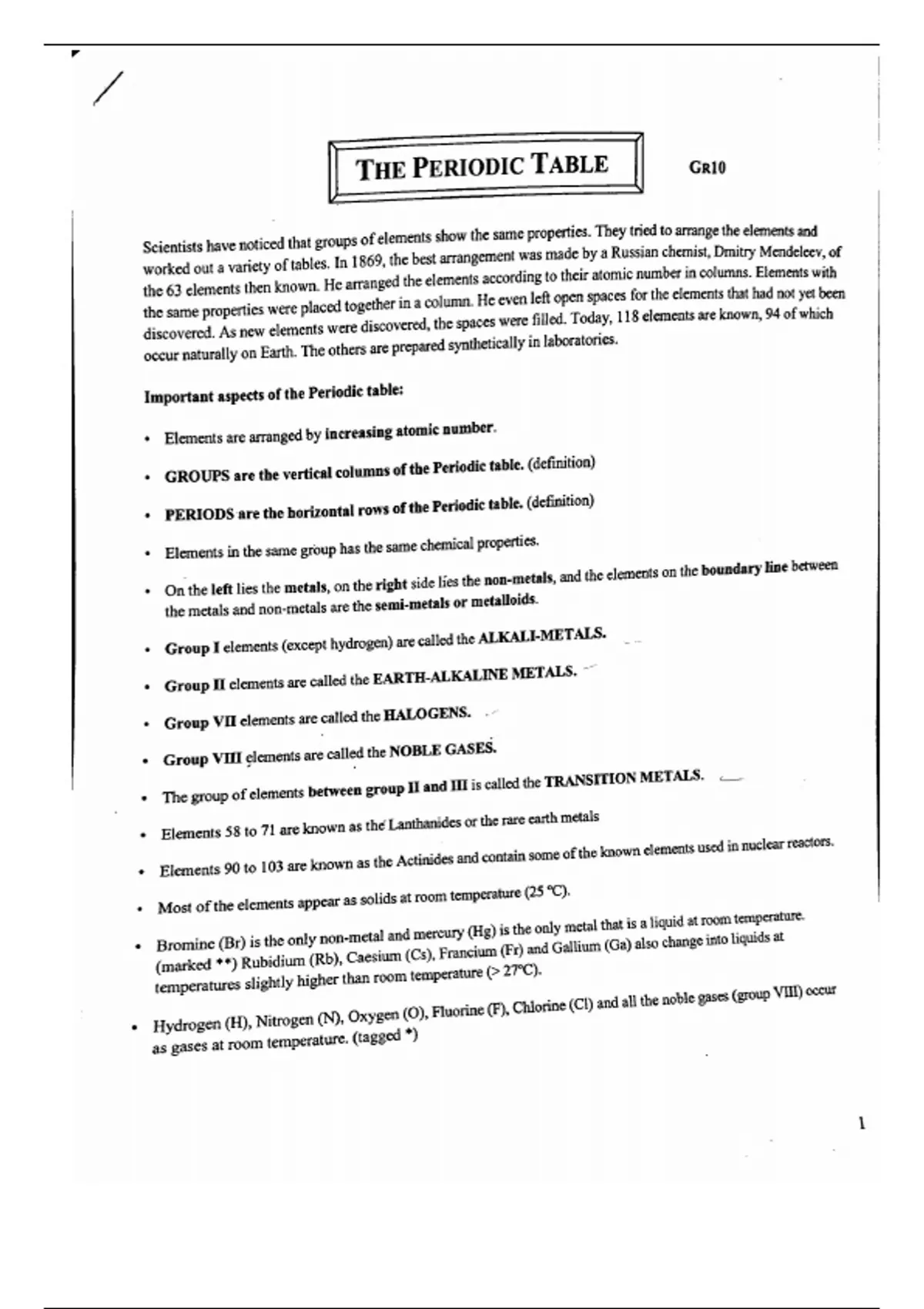 Summary Grade 10. The periodic table notes. chemistry - Physical ...