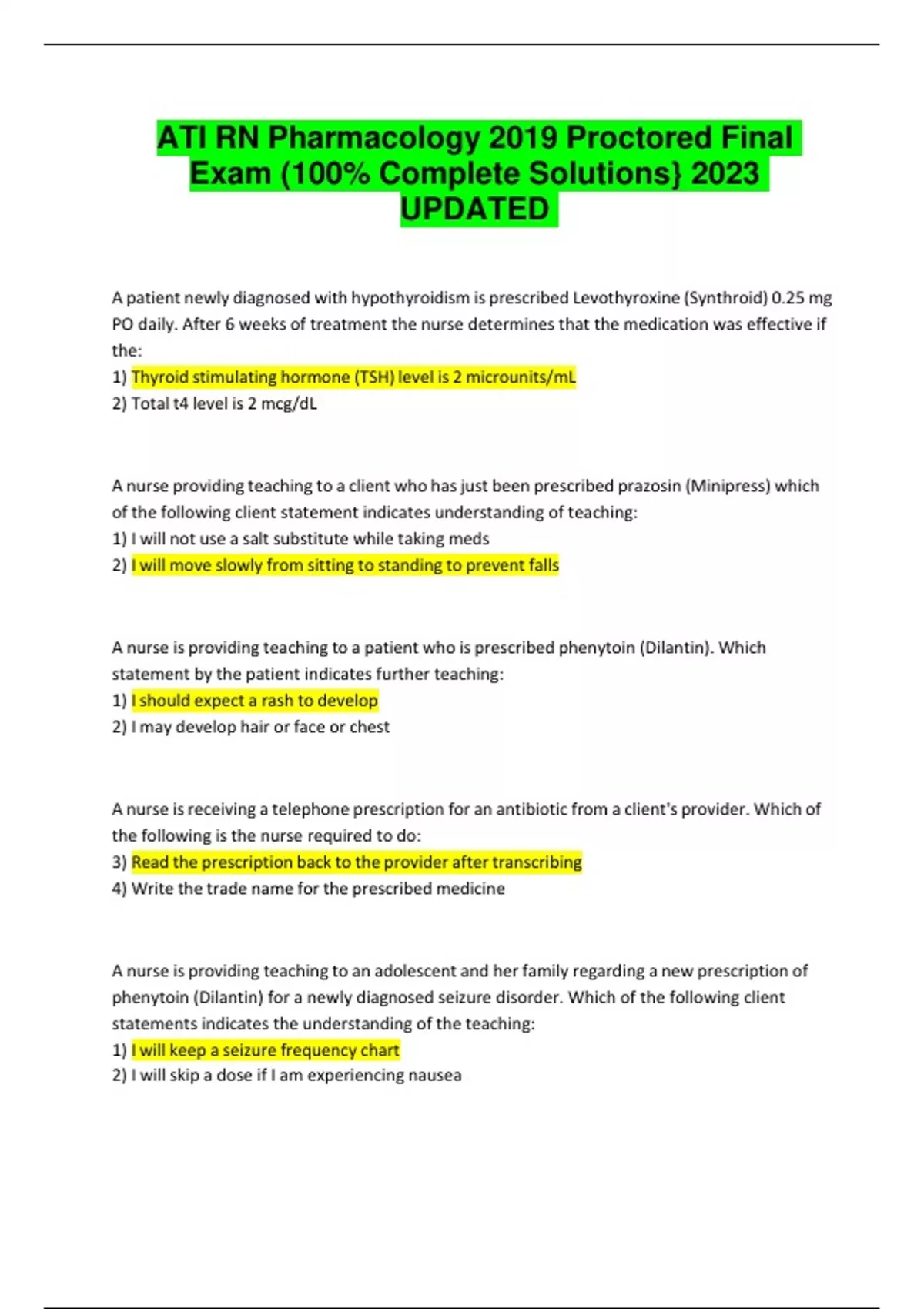 ATI RN Pharmacology 2019 Proctored Final Exam (100% Complete Solutions ...