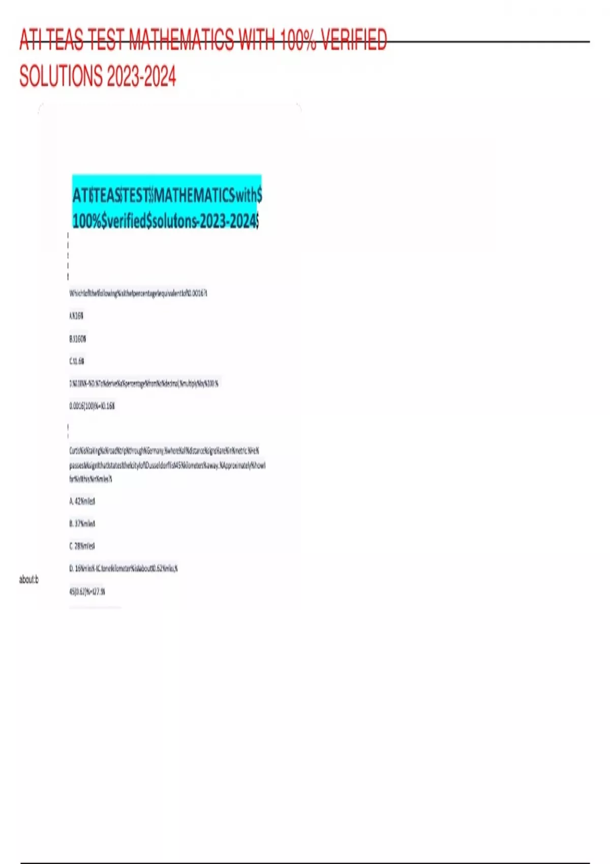 ATI TEAS TEST MATHEMATICS WITH 100% VERIFIED SOLUTIONS - ATI TEAS 7 ...