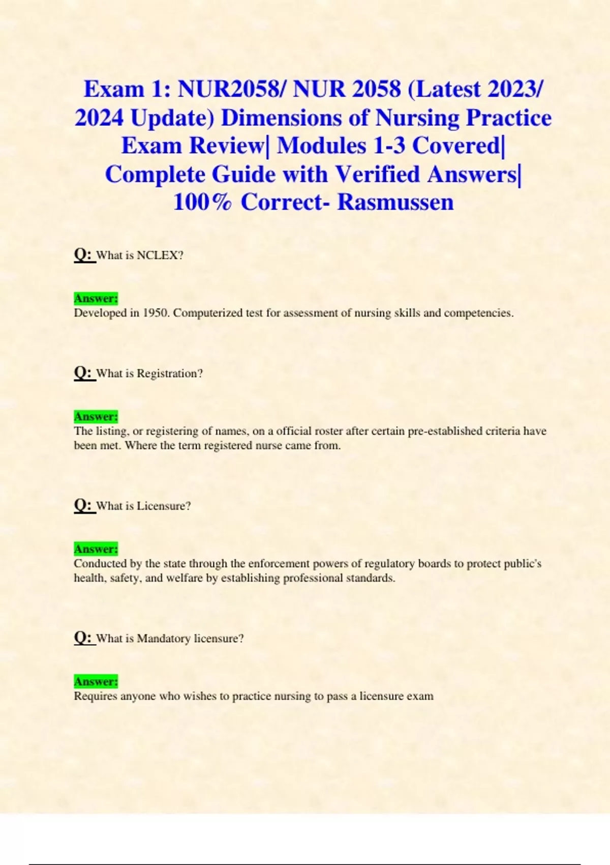 Exam 1.Exam 2 & Final Exams: NUR2058/ NUR 2058 (ALL Latest 2023/ 2024 ...