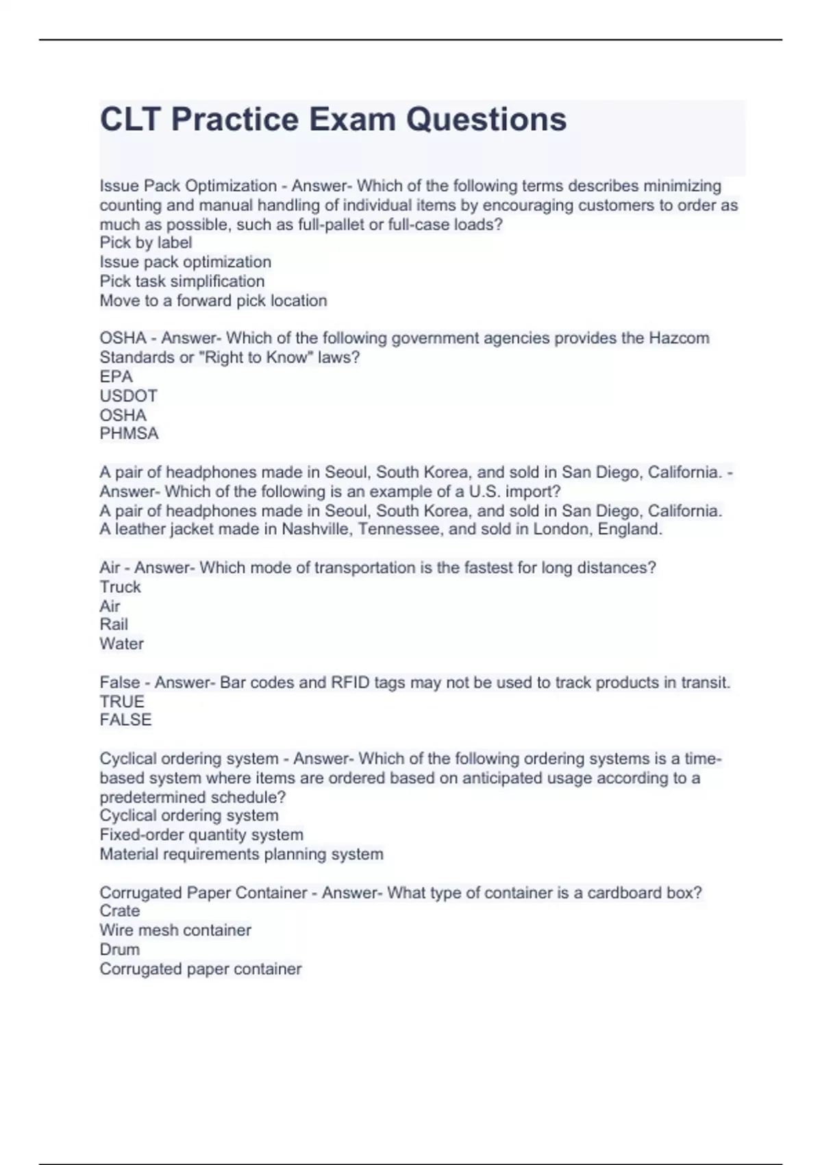 CLT Practice Exam Questions and Answers 2023 - CLT - Stuvia US