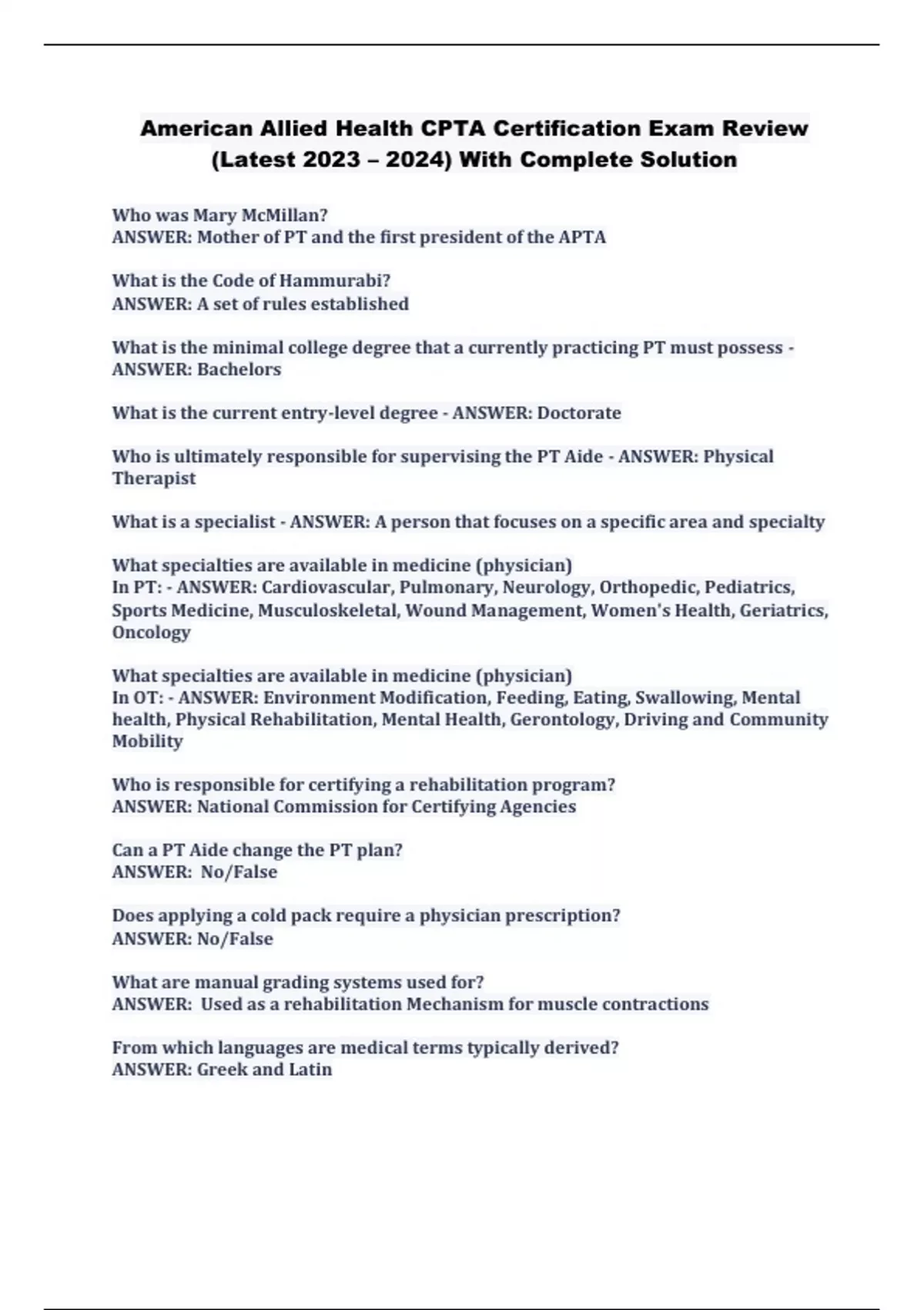 American Allied Health CPTA Certification Exam Review (Latest 2023 ...