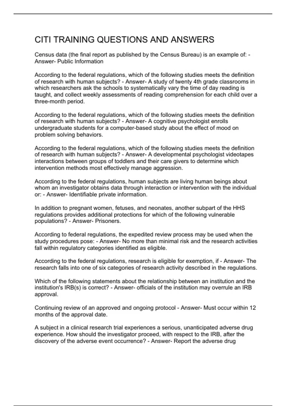 CITI TRAINING QUESTIONS AND ANSWERS - CITI TRAINING - Stuvia US