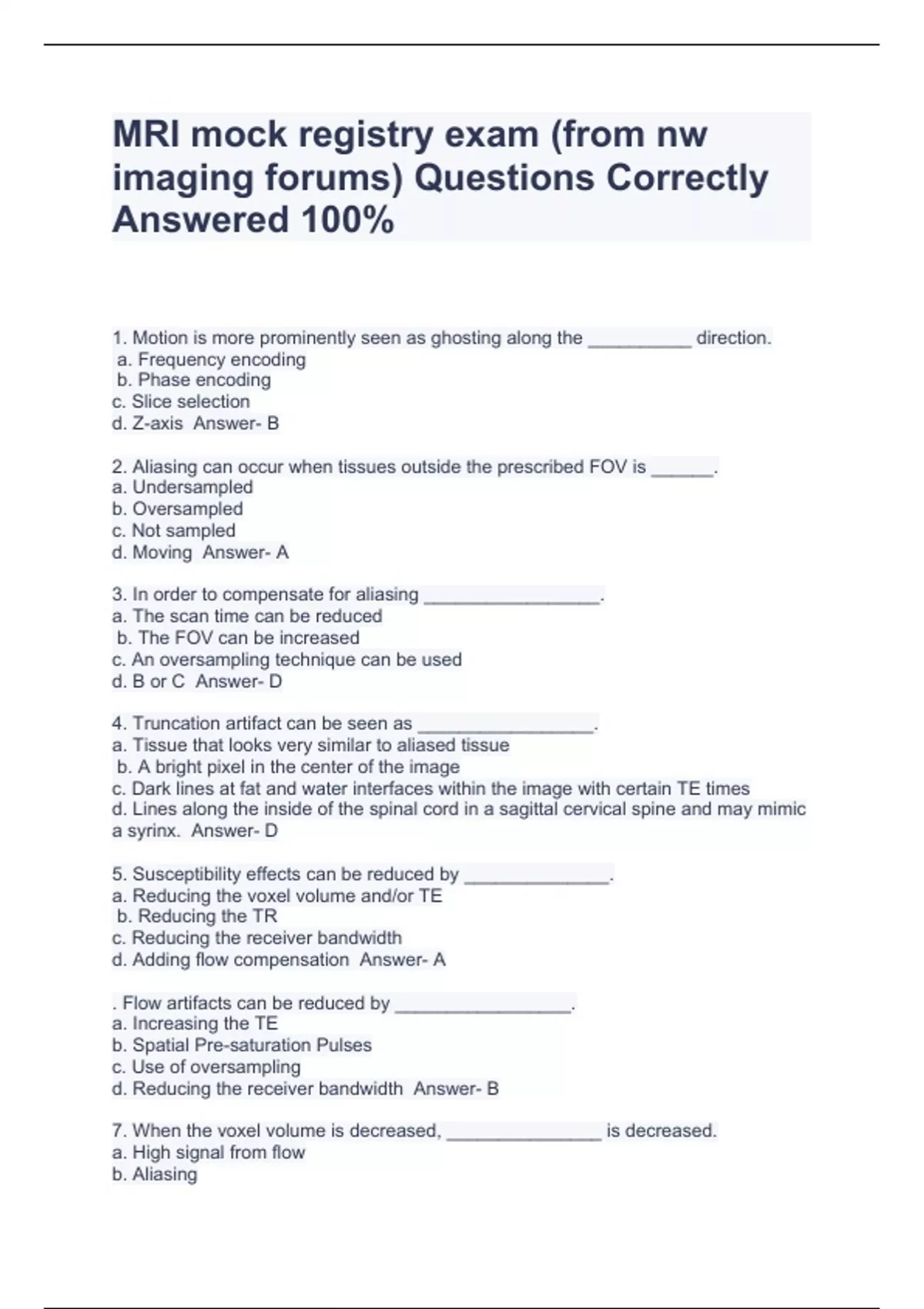 MRI mock registry exam (from nw imaging forums) Questions Correctly ...