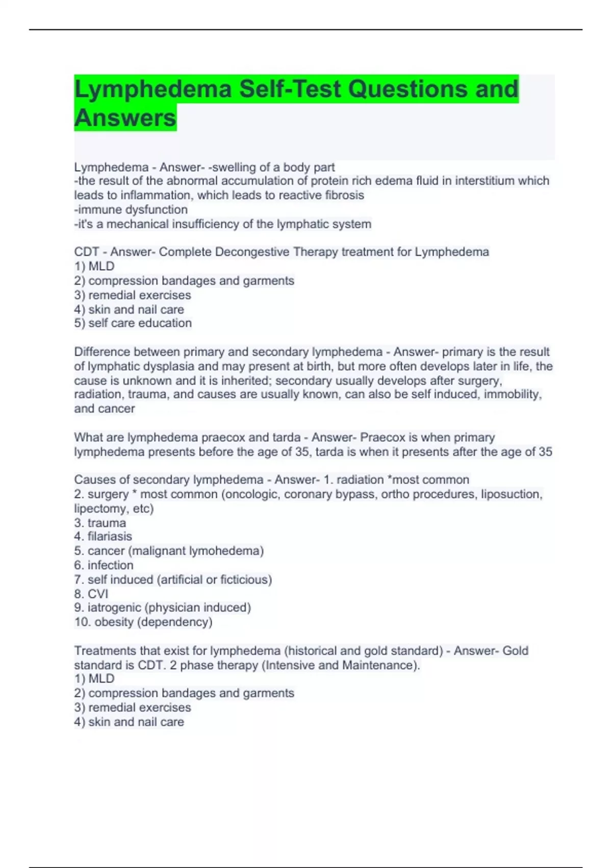 Lymphedema Self Test Questions and Answers - Lymphedema - Stuvia US