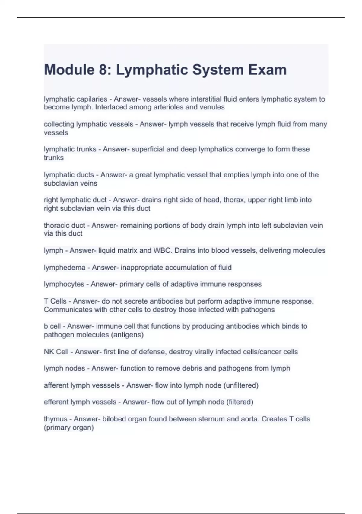 Module 8 Lymphatic System Exam with complete solutions - ACOLS - Stuvia UK