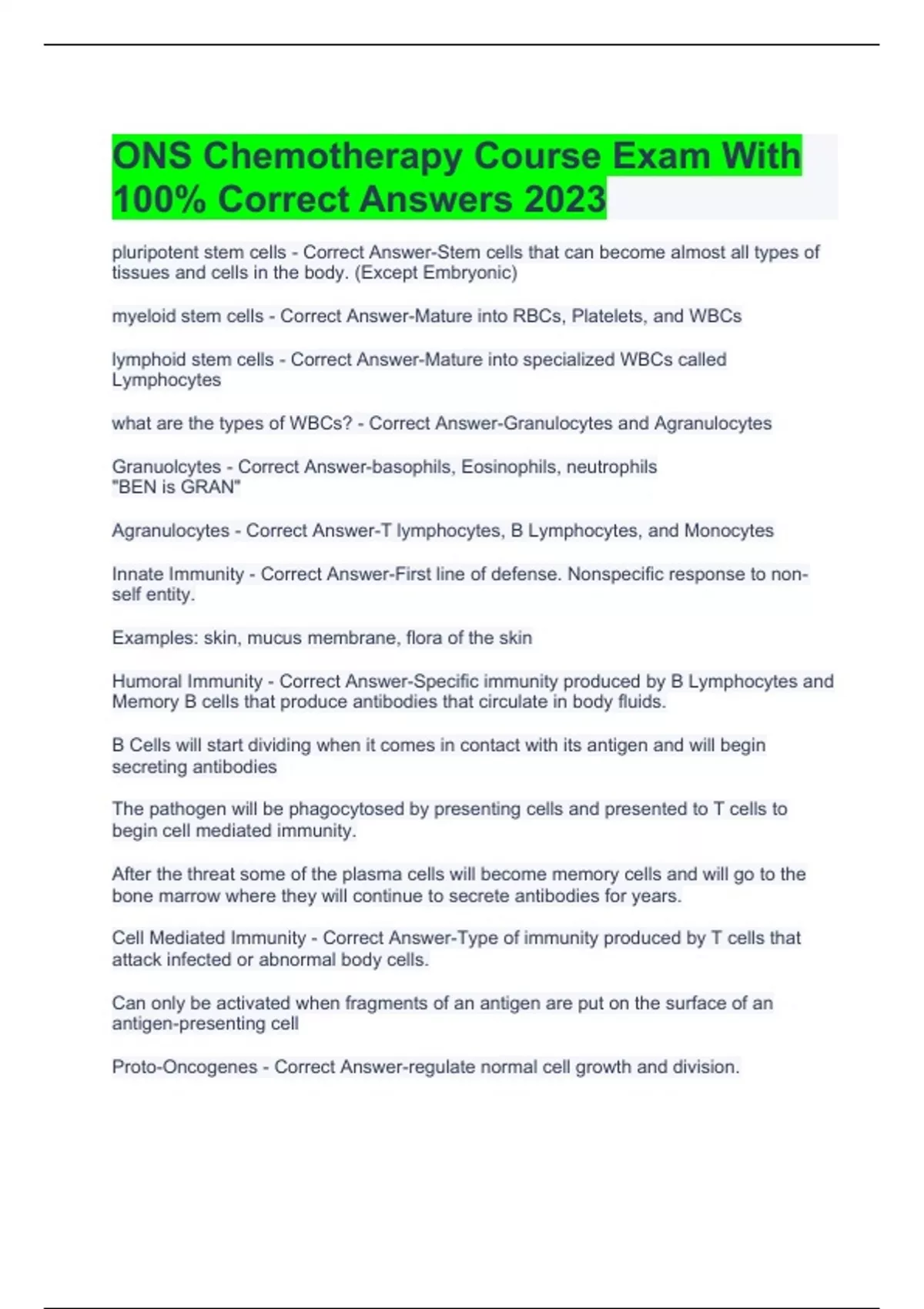 ONS Chemotherapy Course Exam With 100% Correct Answers 2023 - ONS/oncc ...