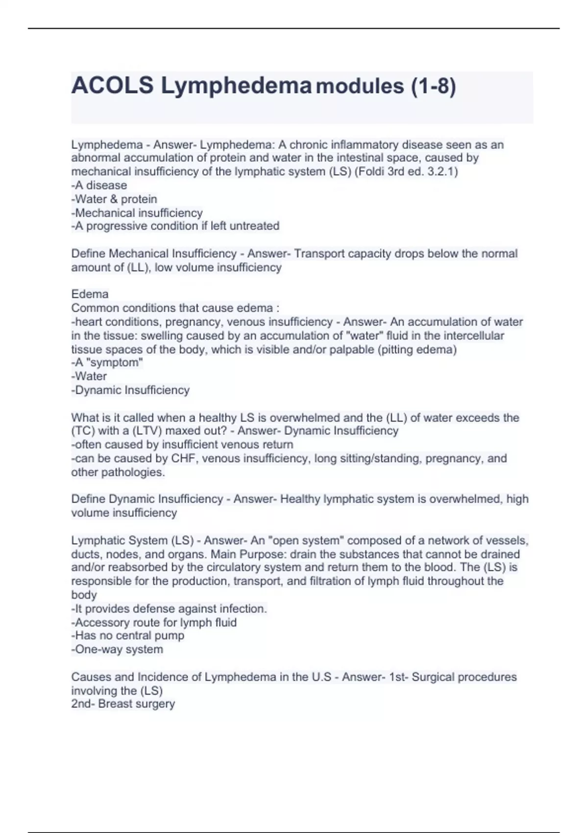 ACOLS Lymphedema modules (1-8) Questions with correct Answers - ACOLS ...