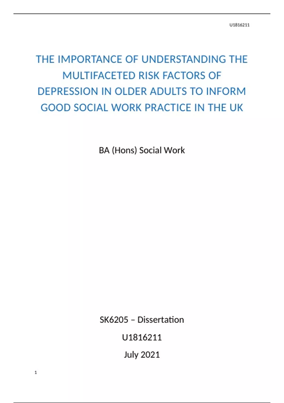 Studying depression in older adult to inform social work practice ...
