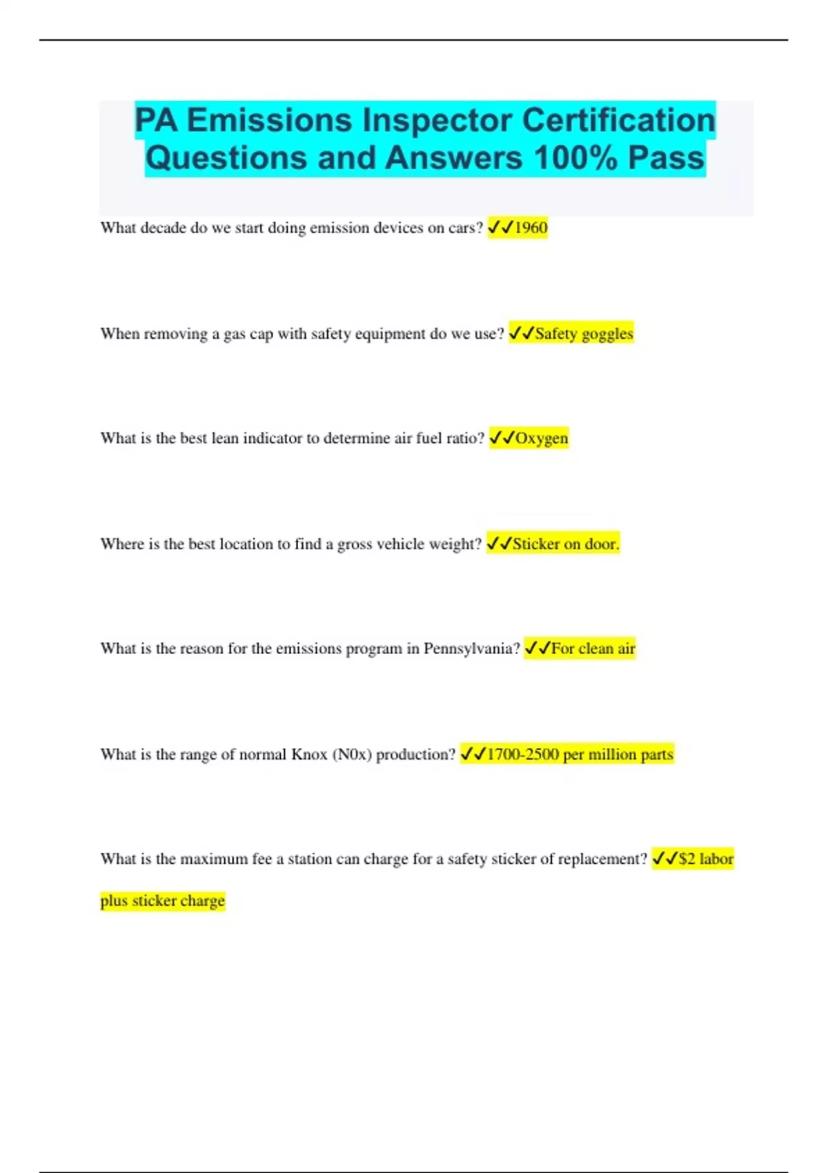 PA Emissions Inspector Certification Questions and Answers 100% Pass ...