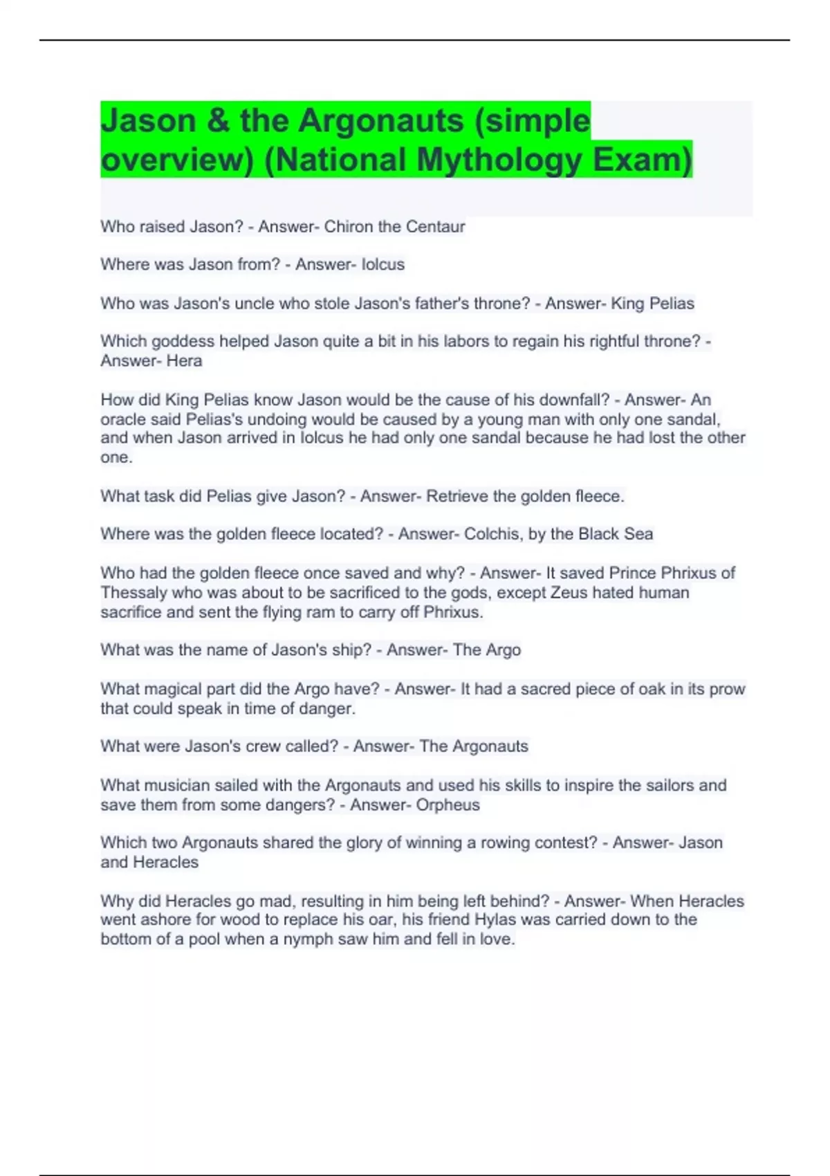 Jason & the Argonauts (simple overview) (National Mythology Exam ...